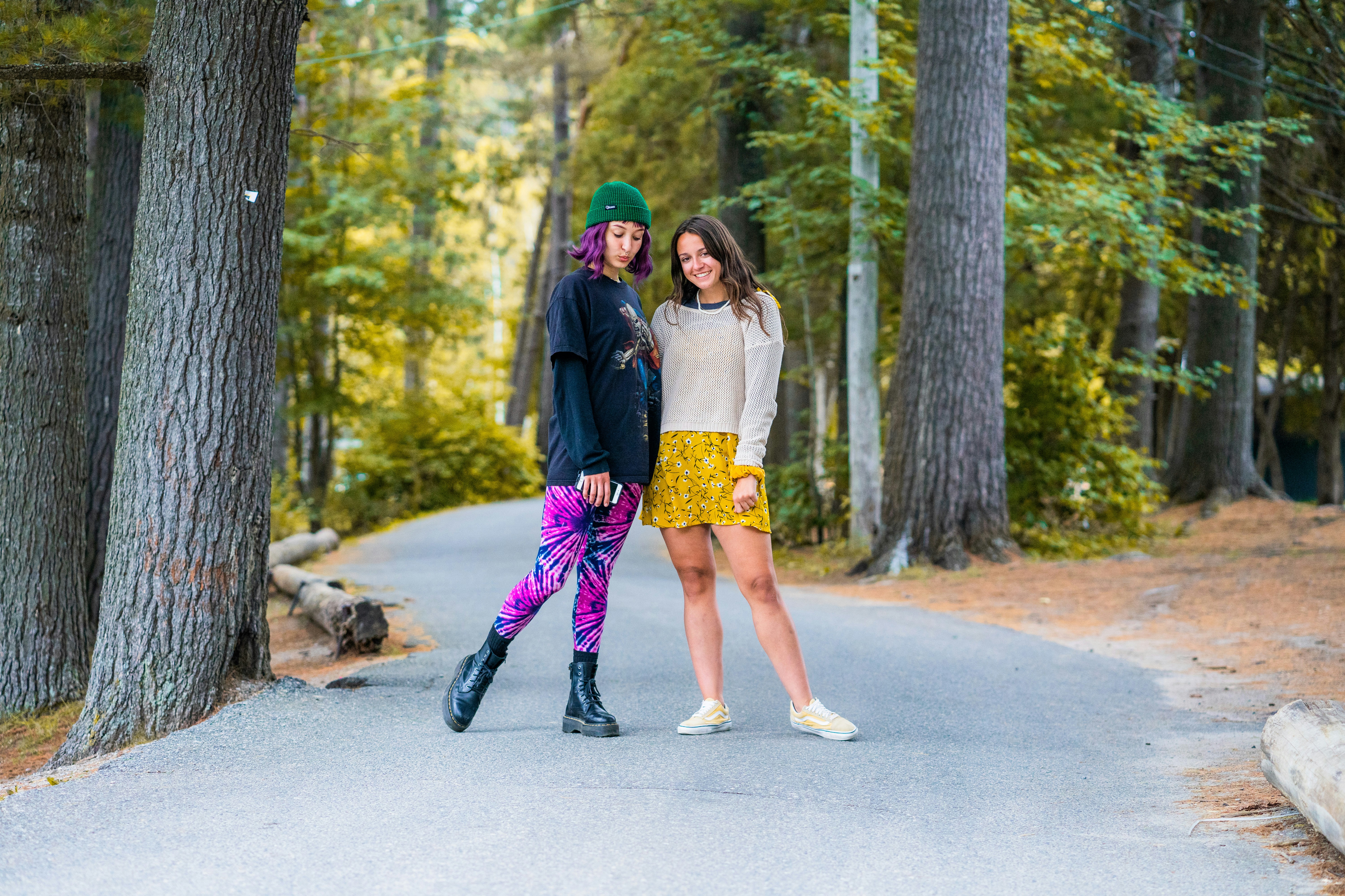 TwoFriends on a Forest Path: Neon Leggings and Sunny Smiles