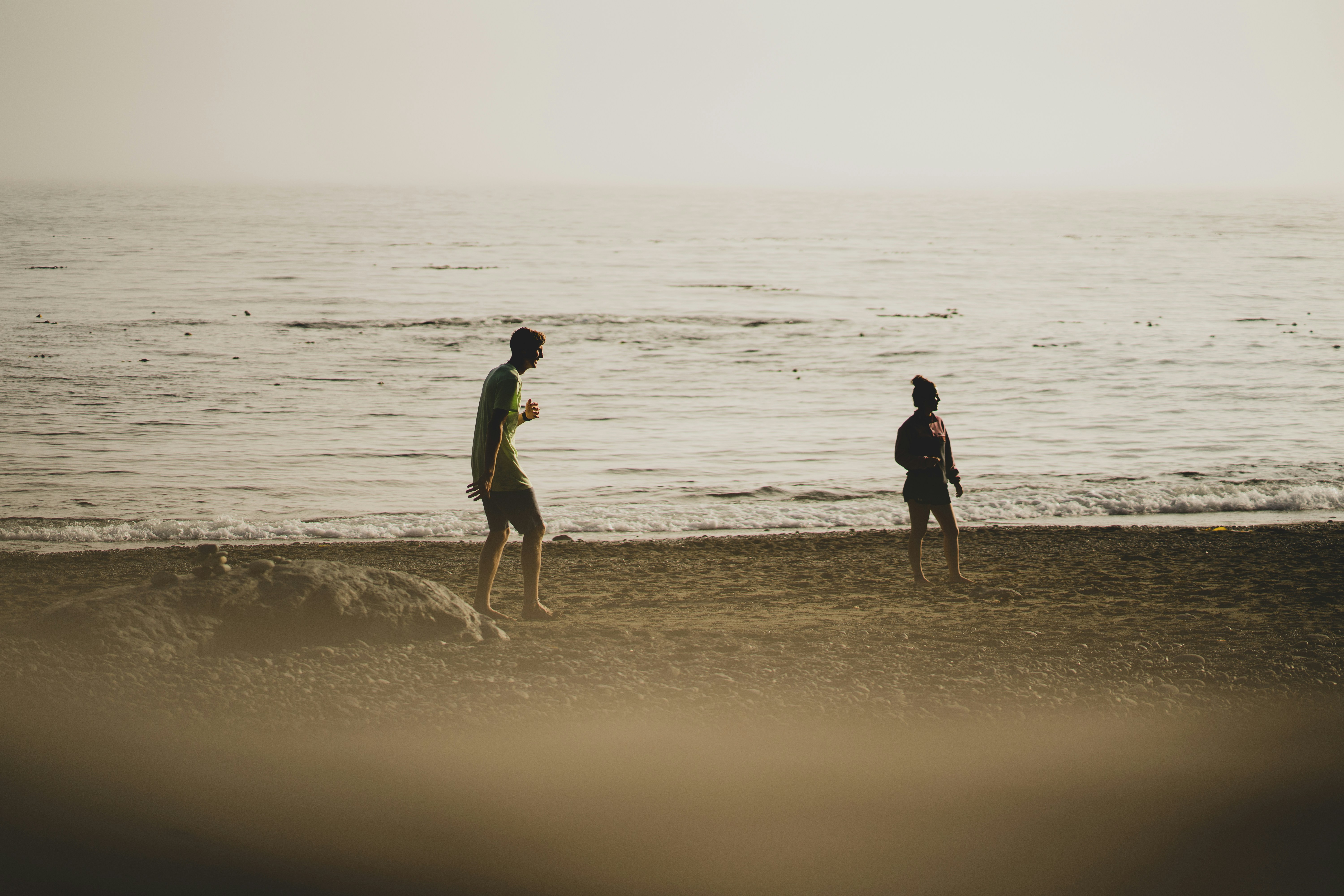 Two silhouettes, one horizon: a quiet beach encounter at dusk
