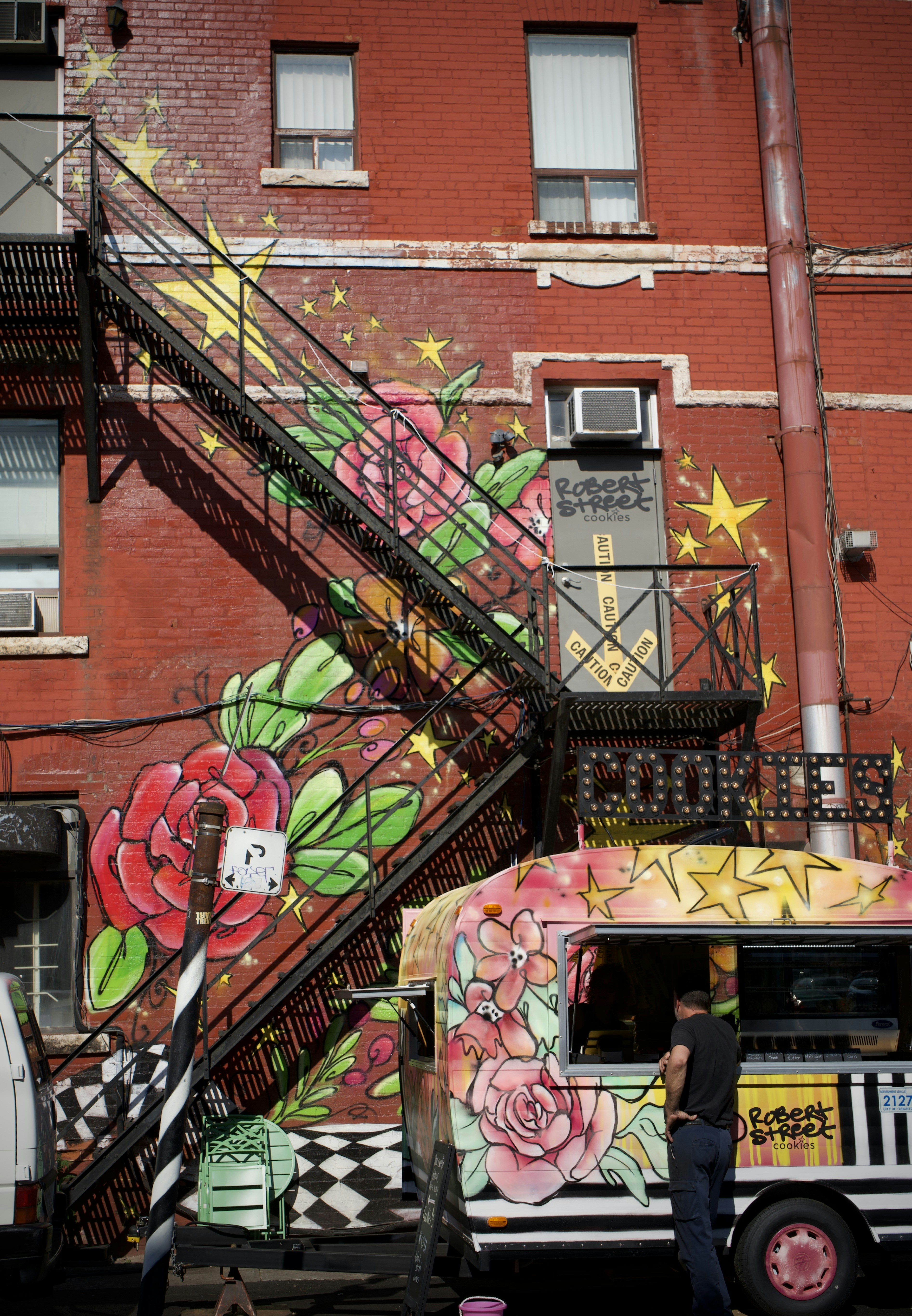 Fire Escapes and Floral Graffiti: A Colorful Urban Portrait