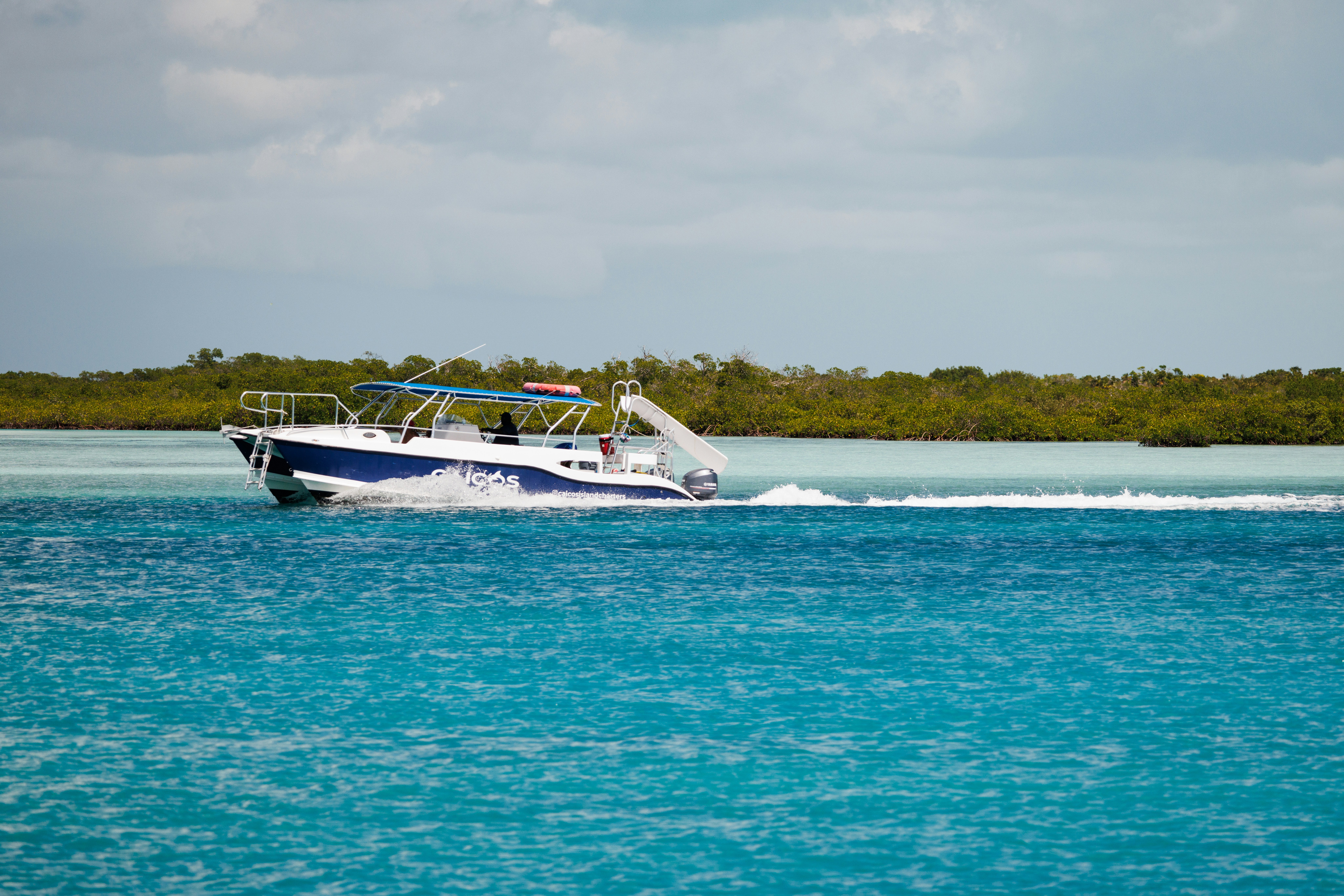 Vibrant motorboat speeds across turquoise water with a distant shoreline, emphasizing motion and contrast between boat wake and calm sea. This is a photographic capture of a marine transport scene.