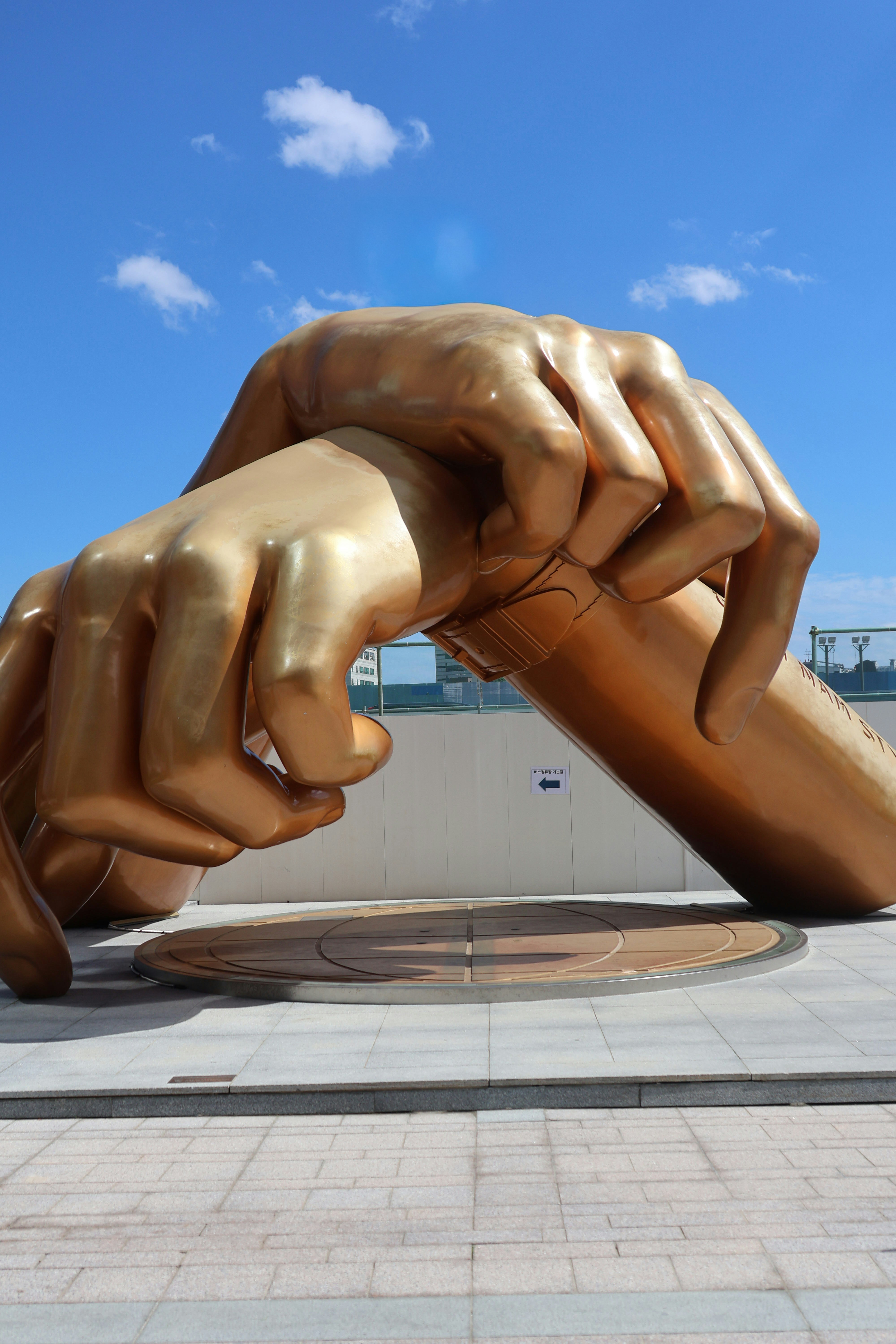 Interlocking Giants: A Bronze Embrace Over Sky