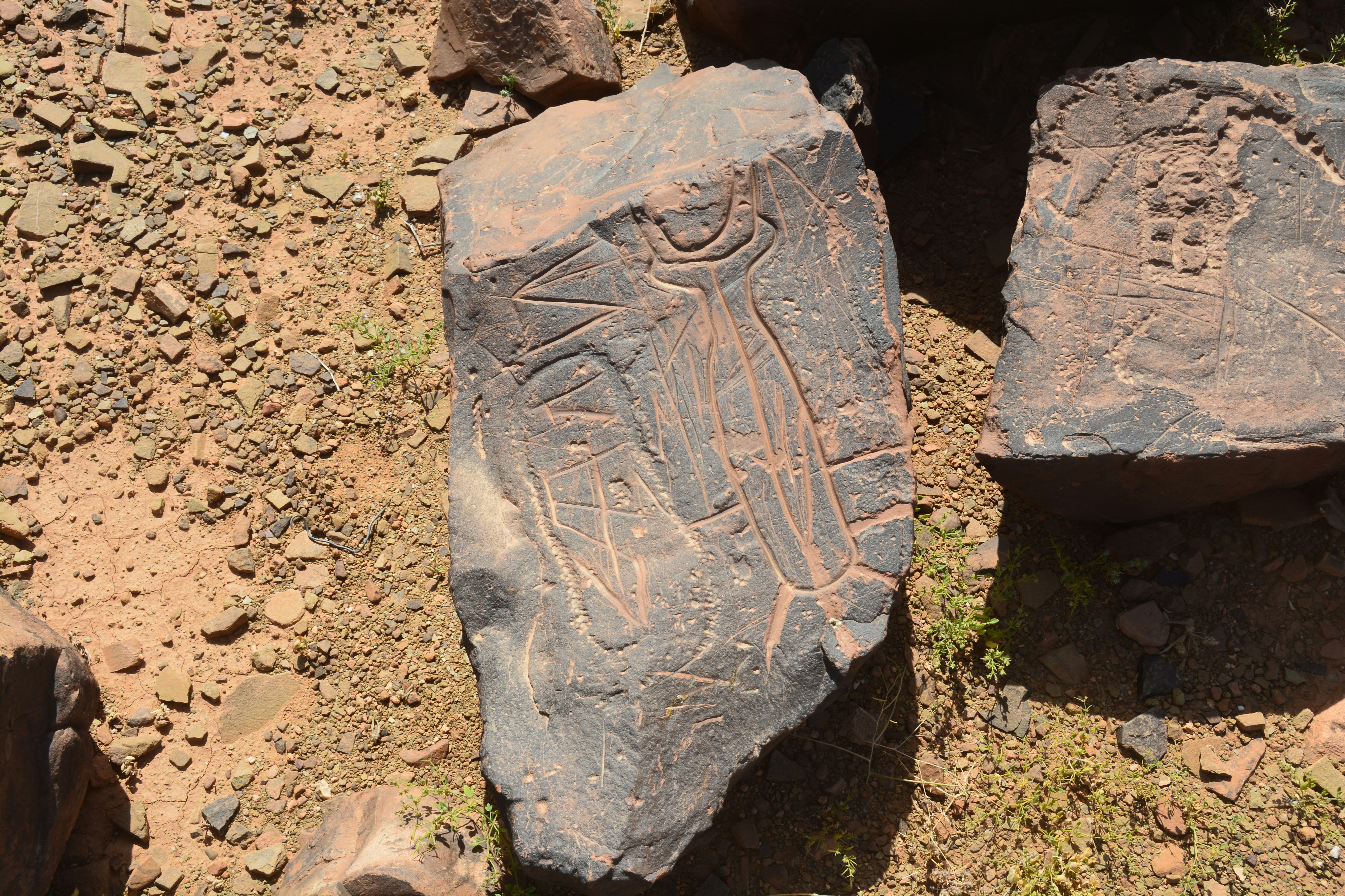 Petroglyph on Sun-Bleached Slate: An Ancient Carved Figure Emerges from Dust