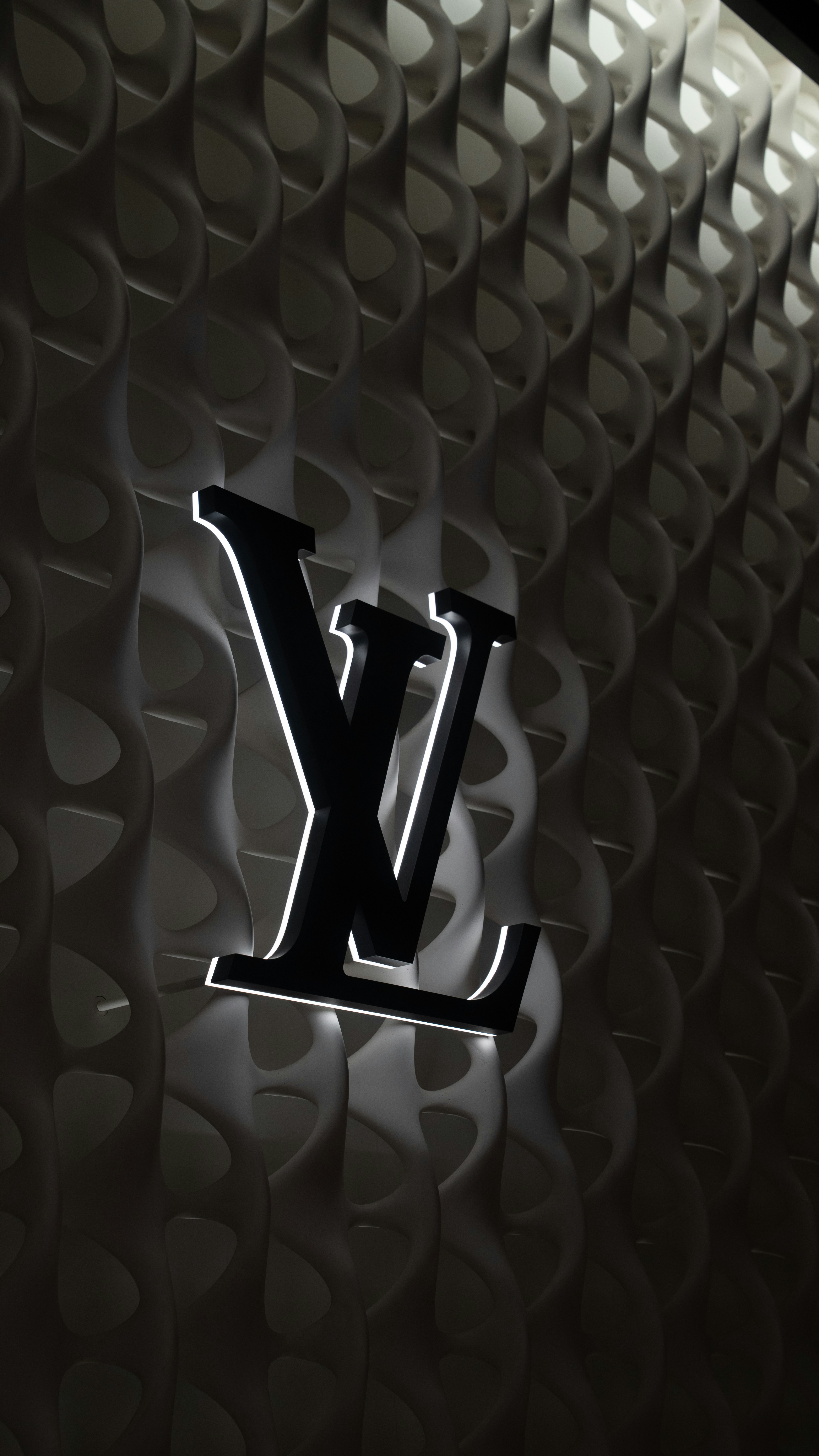 Illuminated LV Monogram on Mesh Facade