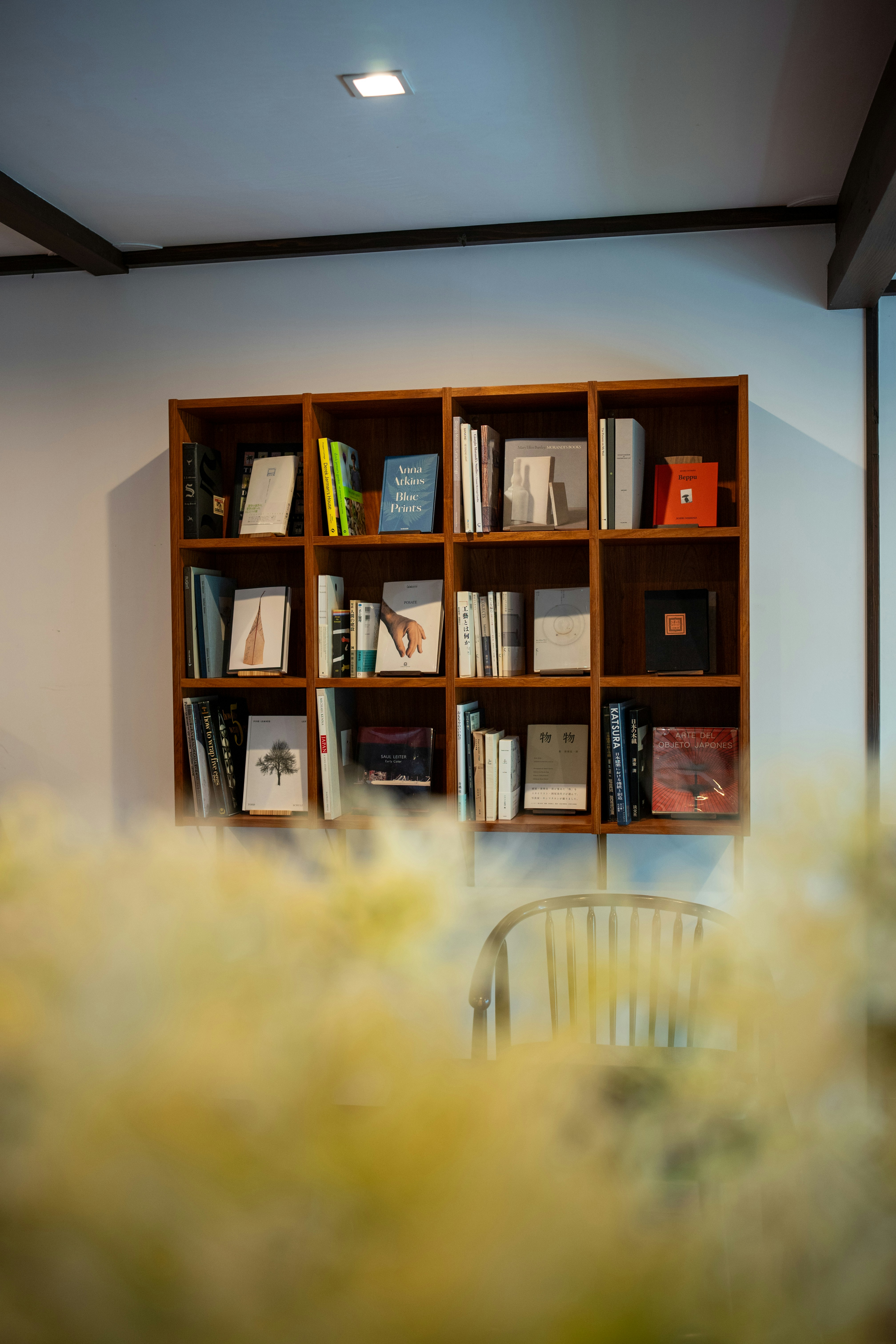 Wooden bookshelf gallery framed by soft cafe ambience