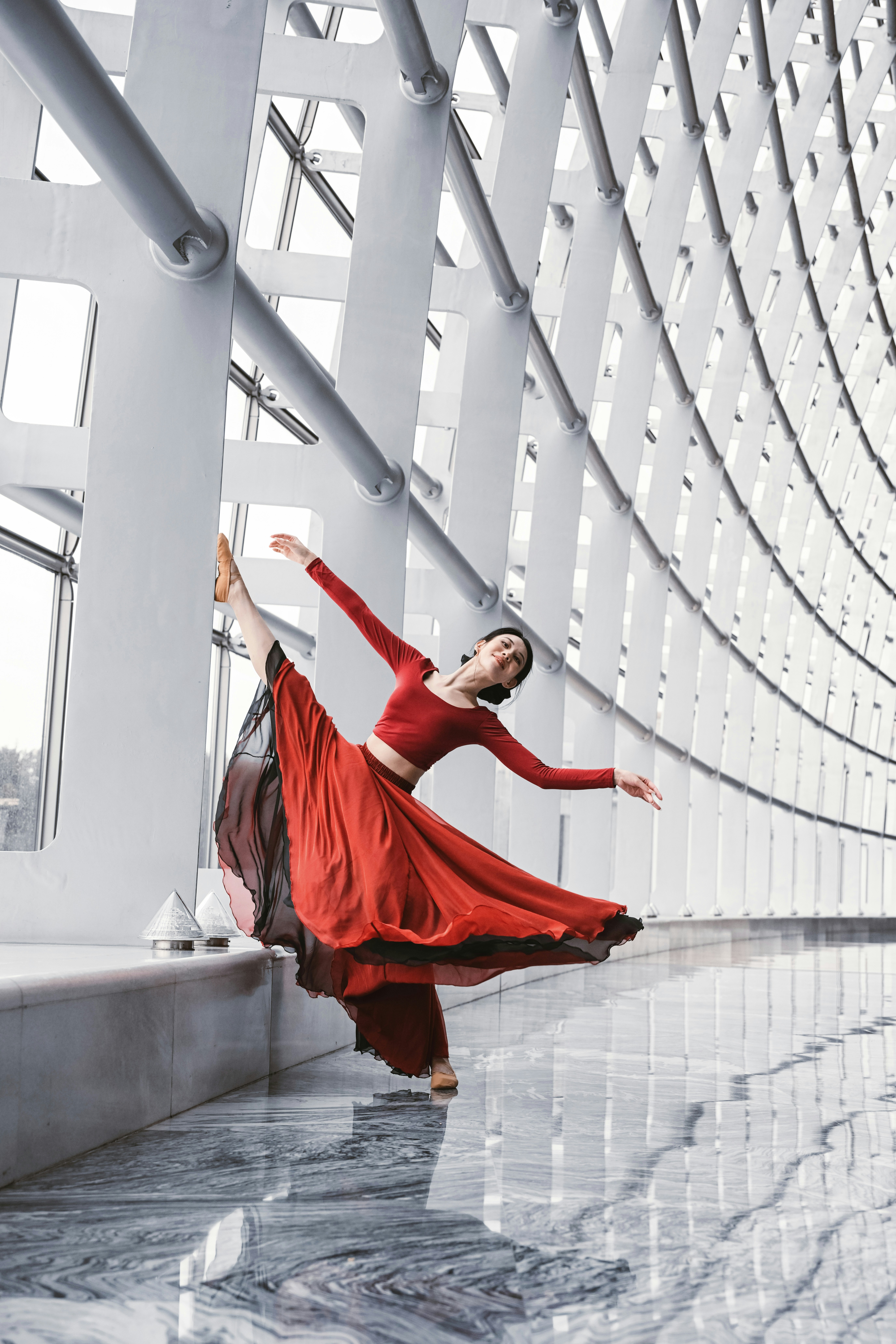 Crimson Glide in a Luminous Corridor