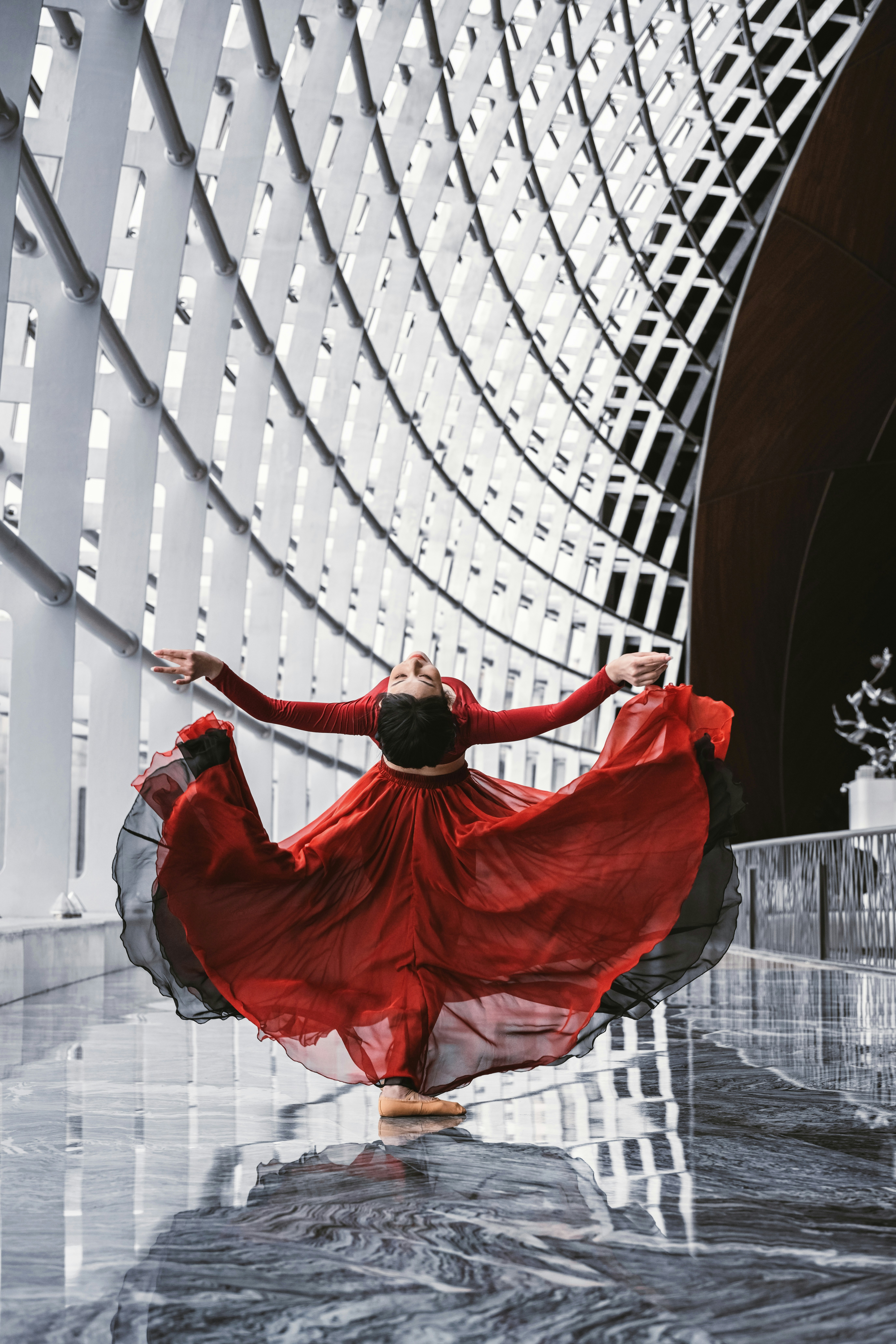 Crimson Skirt in a Glass Cathedral