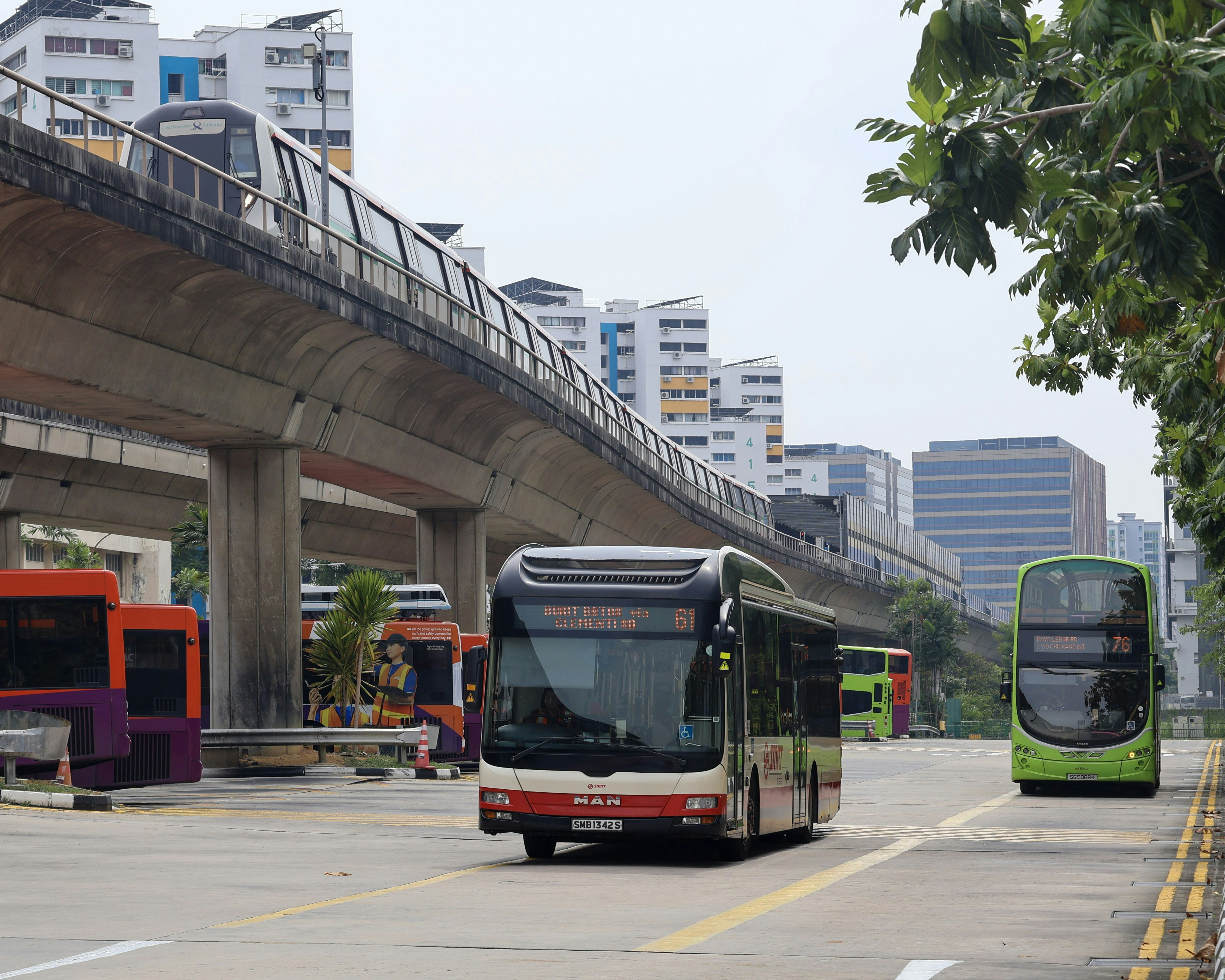 Urban Corridor: Buses in Transit Under a Skyline of Elevated Rails