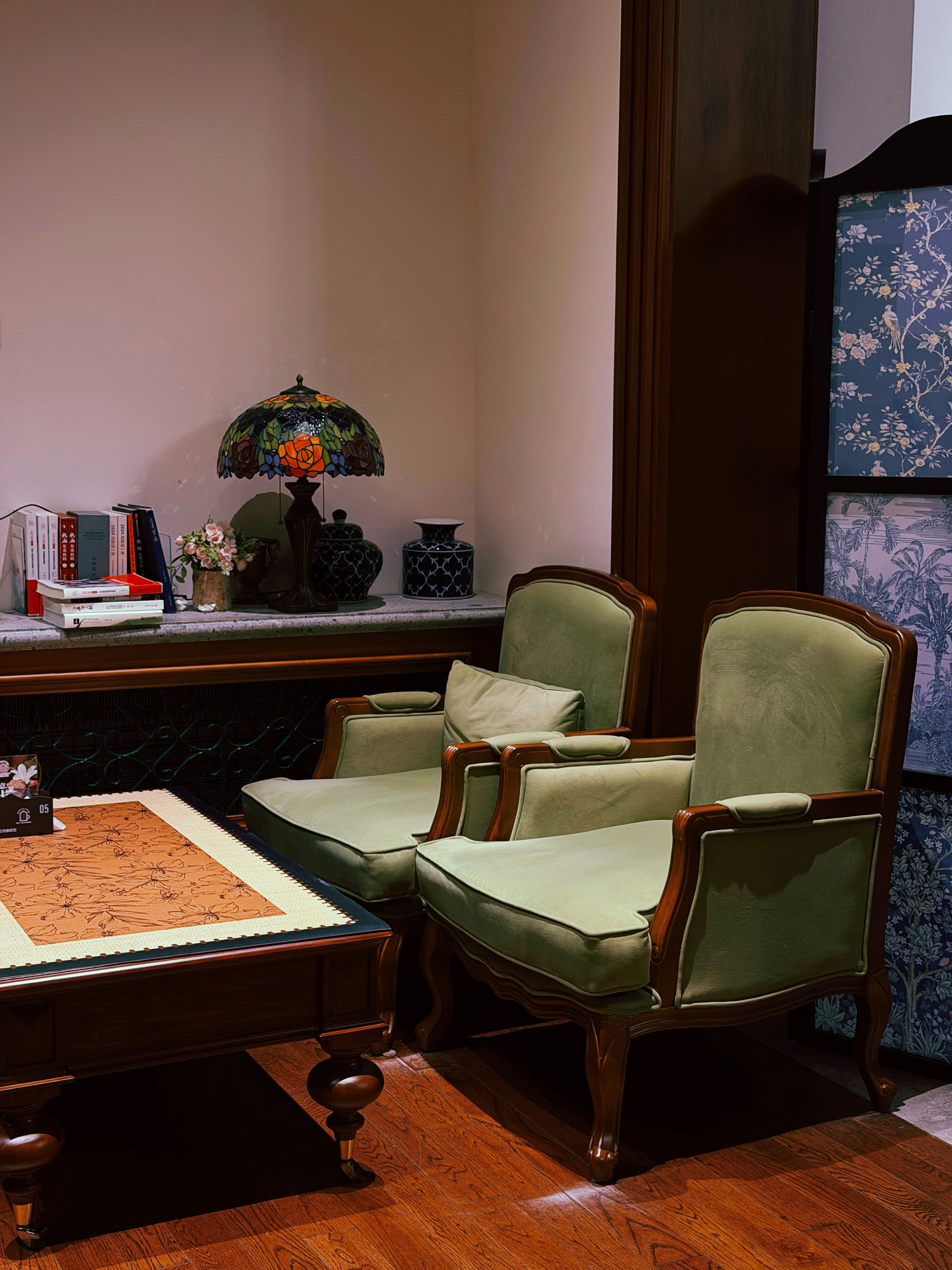 Midcentury Reading Corner with Vintage Green Armchairs
