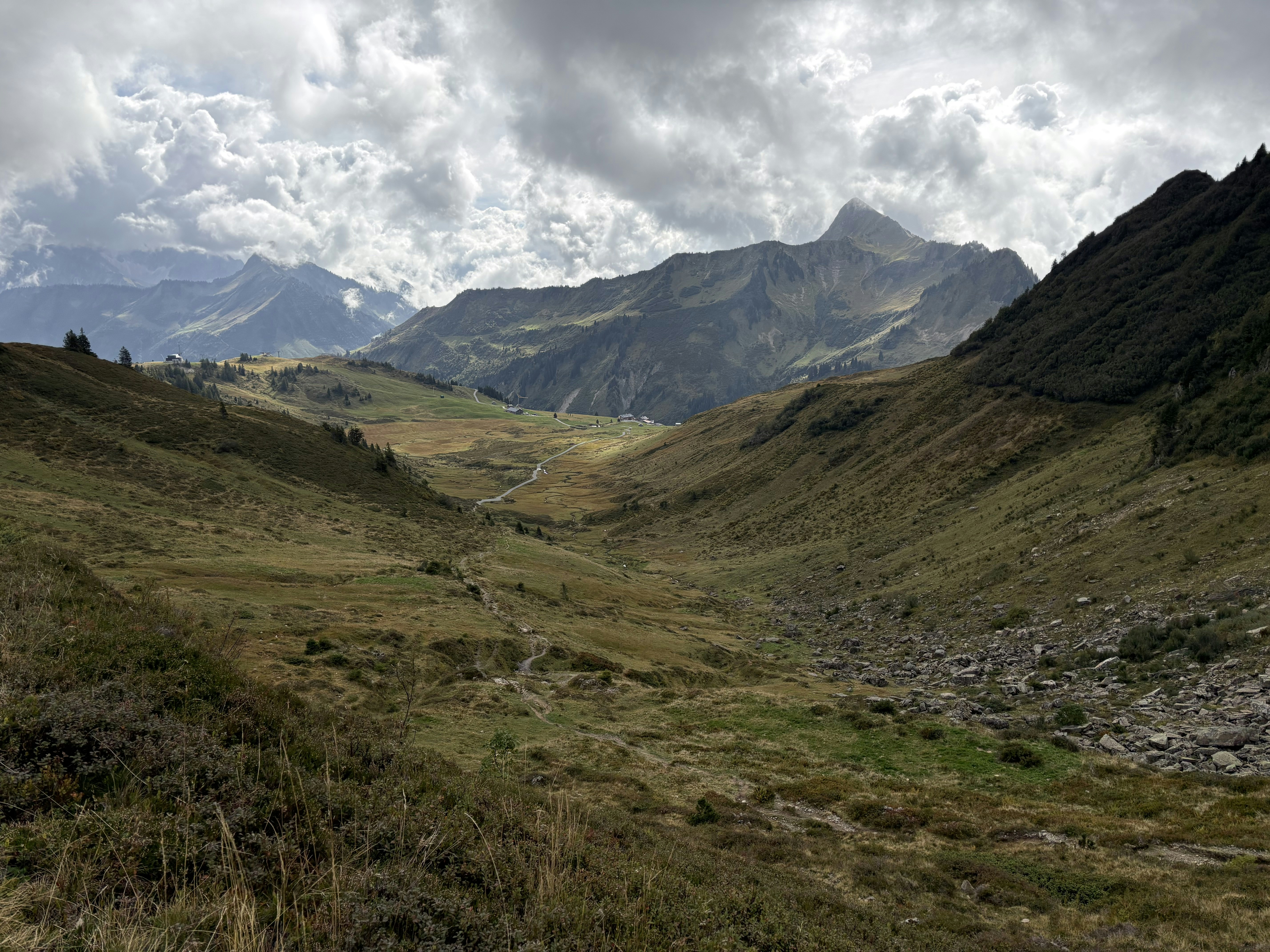 A winding trail through a grassy mountain valley under a cloudy sky
