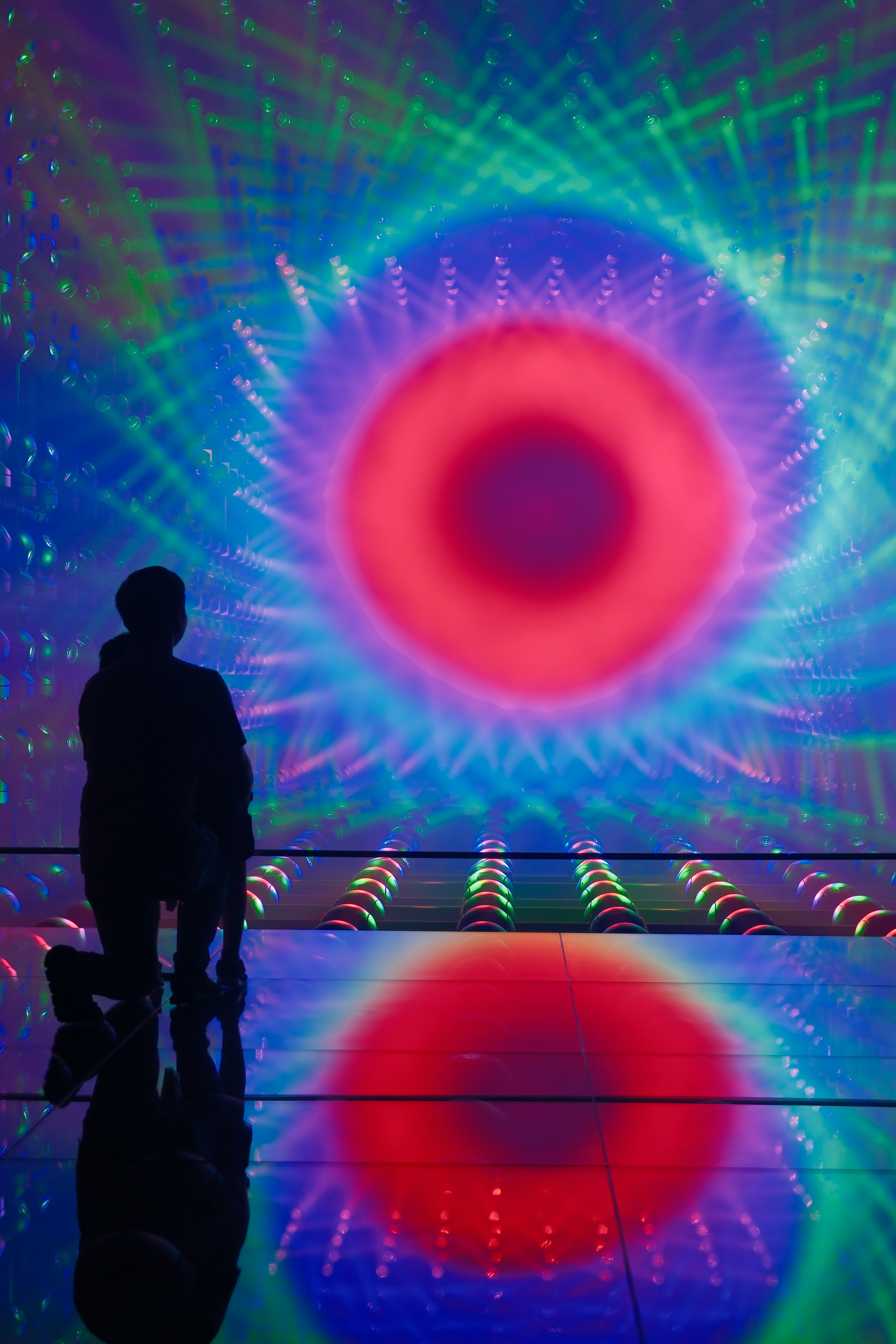 Neon Ring Convergence: A Silhouette Enveloped by a Pulsing Center