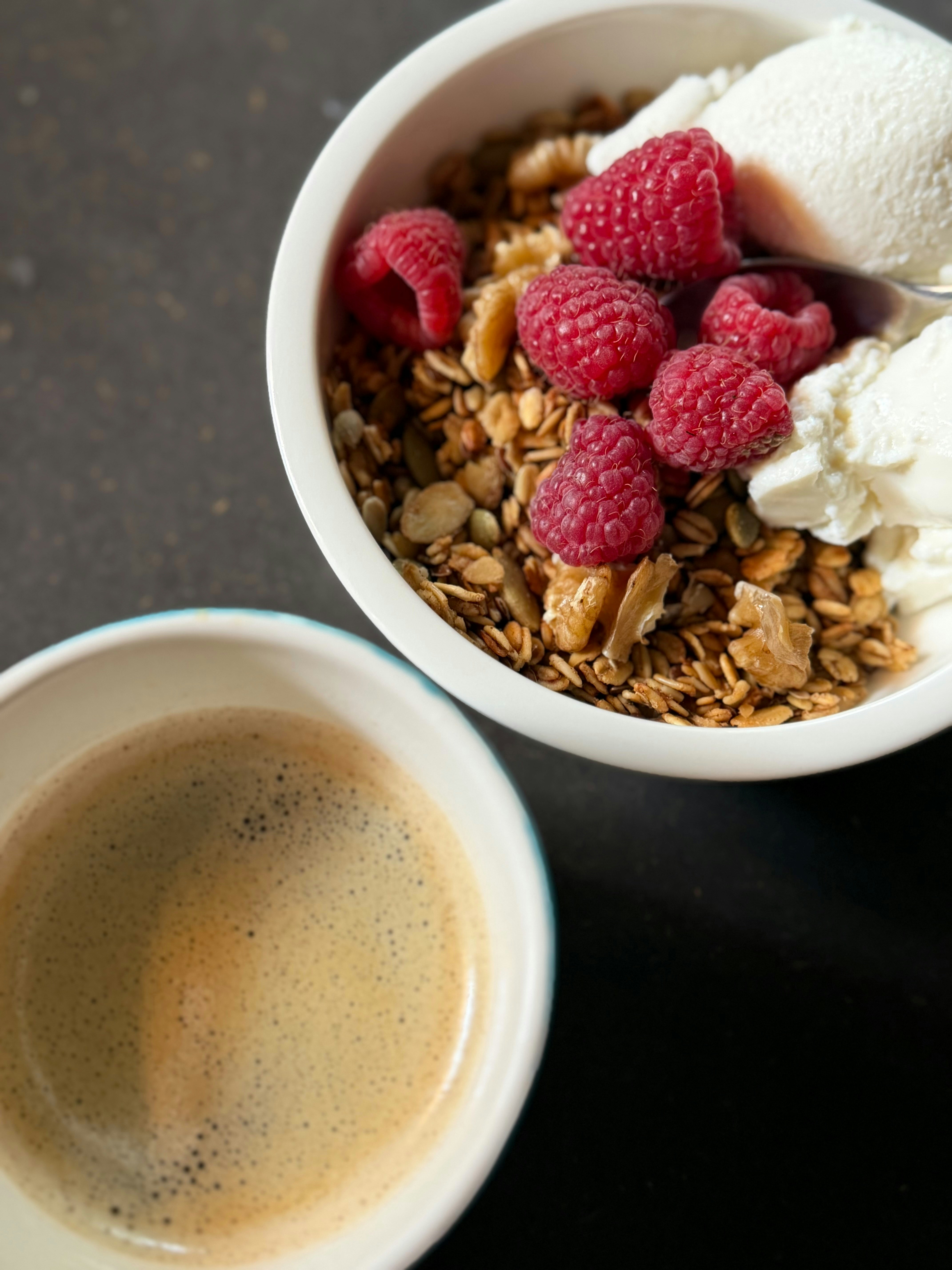 Raspberry Granola Bowl with Vanilla Ice Cream and Espresso