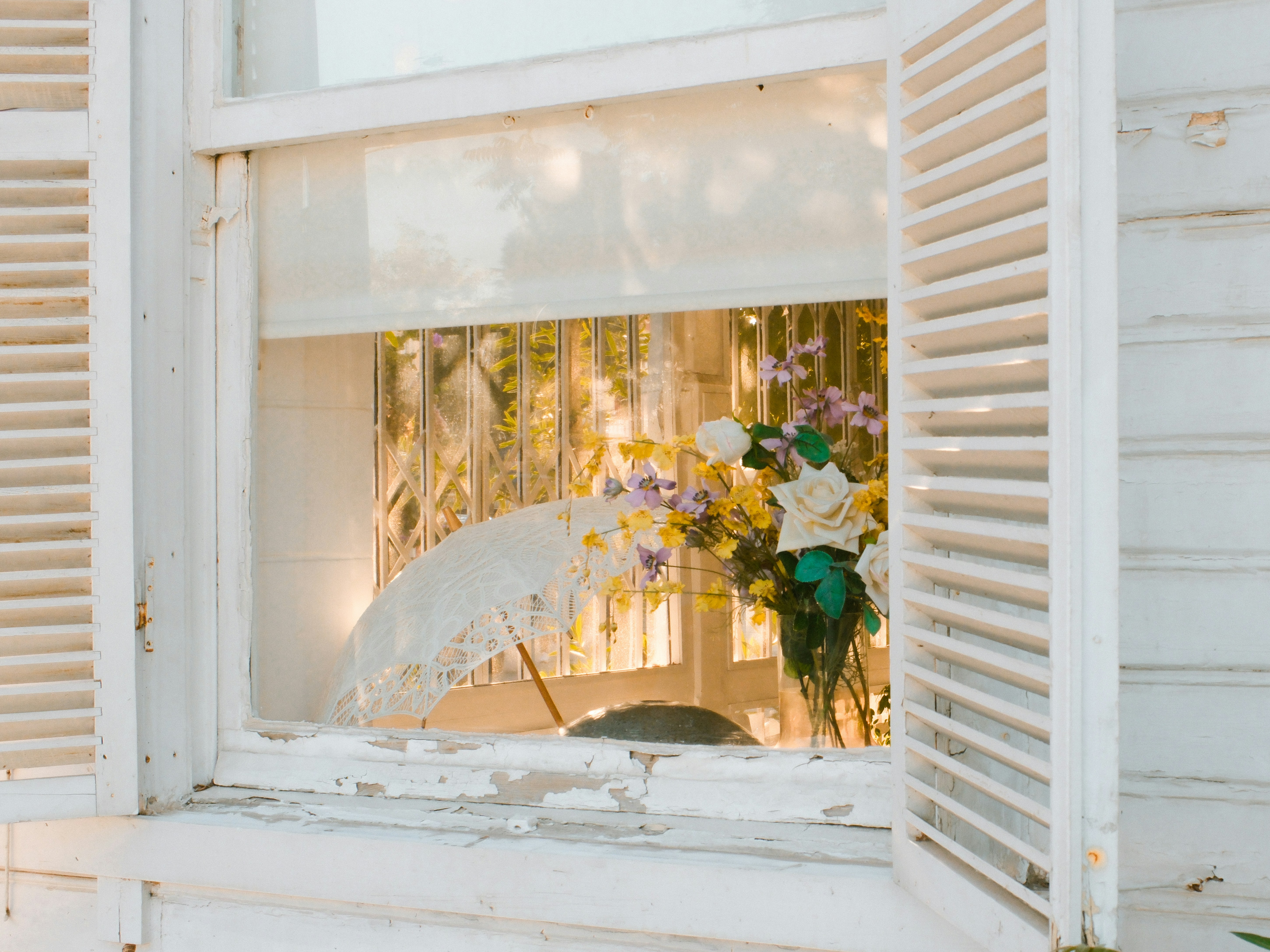 Sunlit Window with Lace Parasol and Fresh Florals