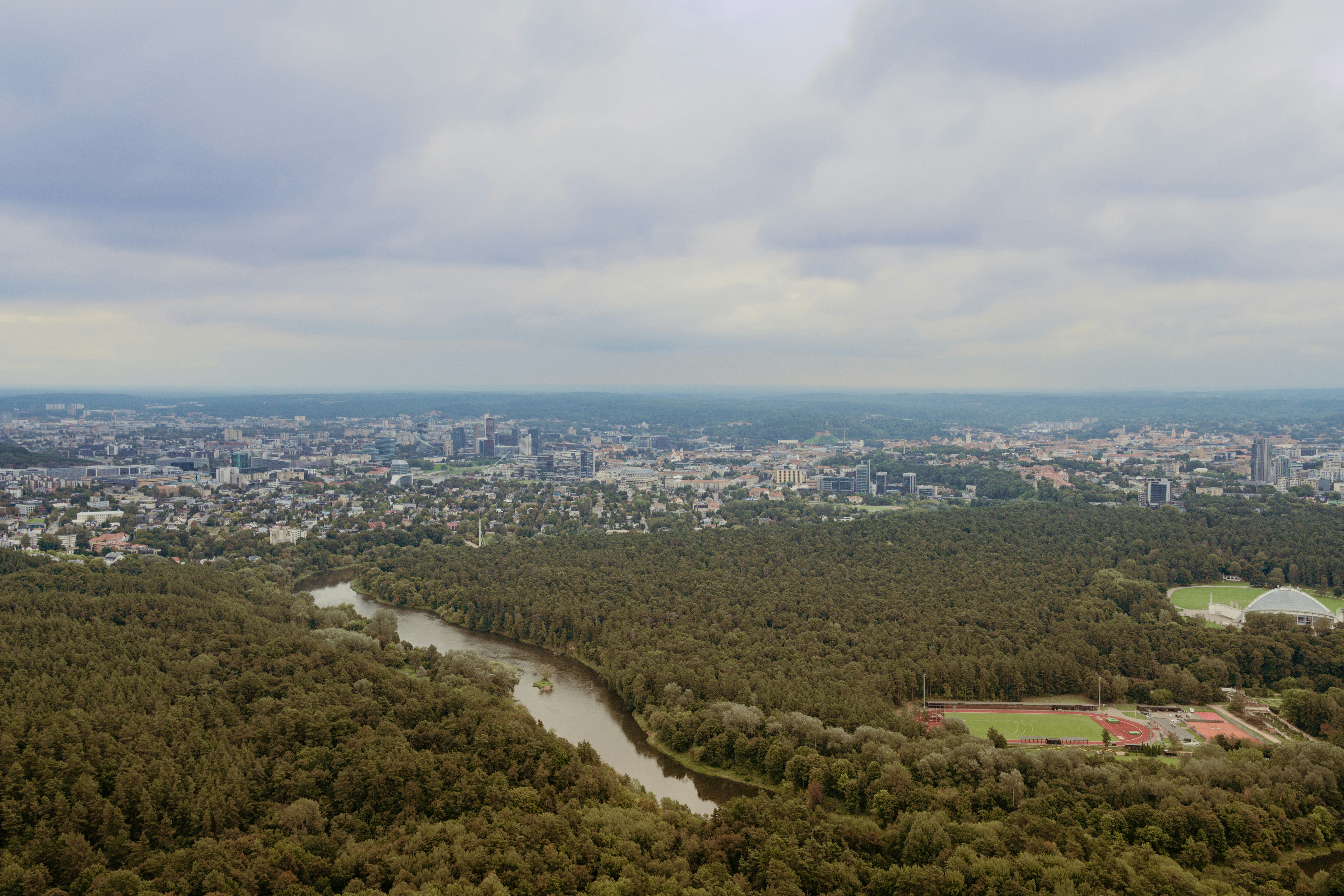 Aerial ribbon: river winding through a forested plain toward a distant city