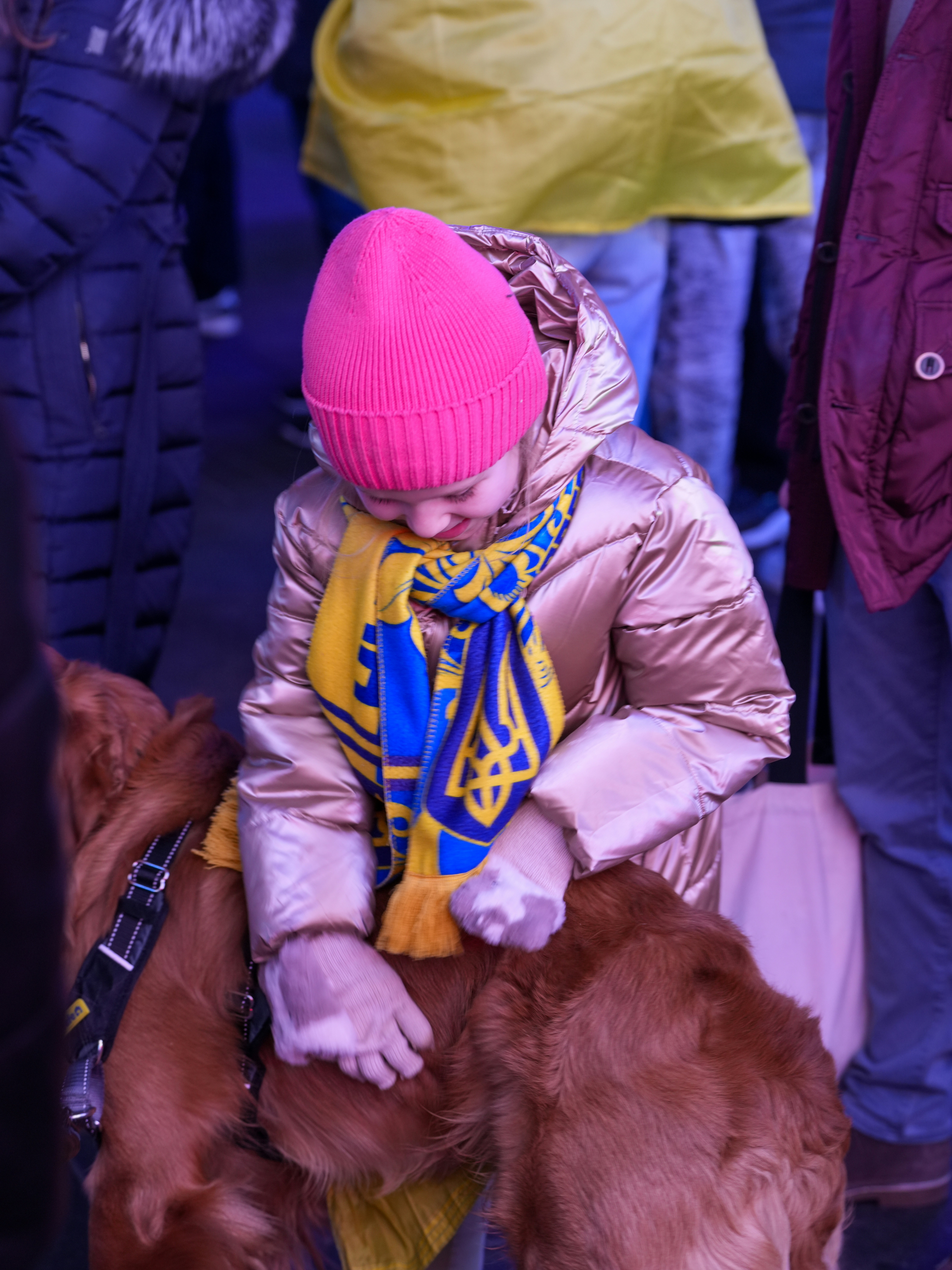 Pink-Hatted Moment: A Child Groomed in Warmth Amid Cozy Scarf Blues