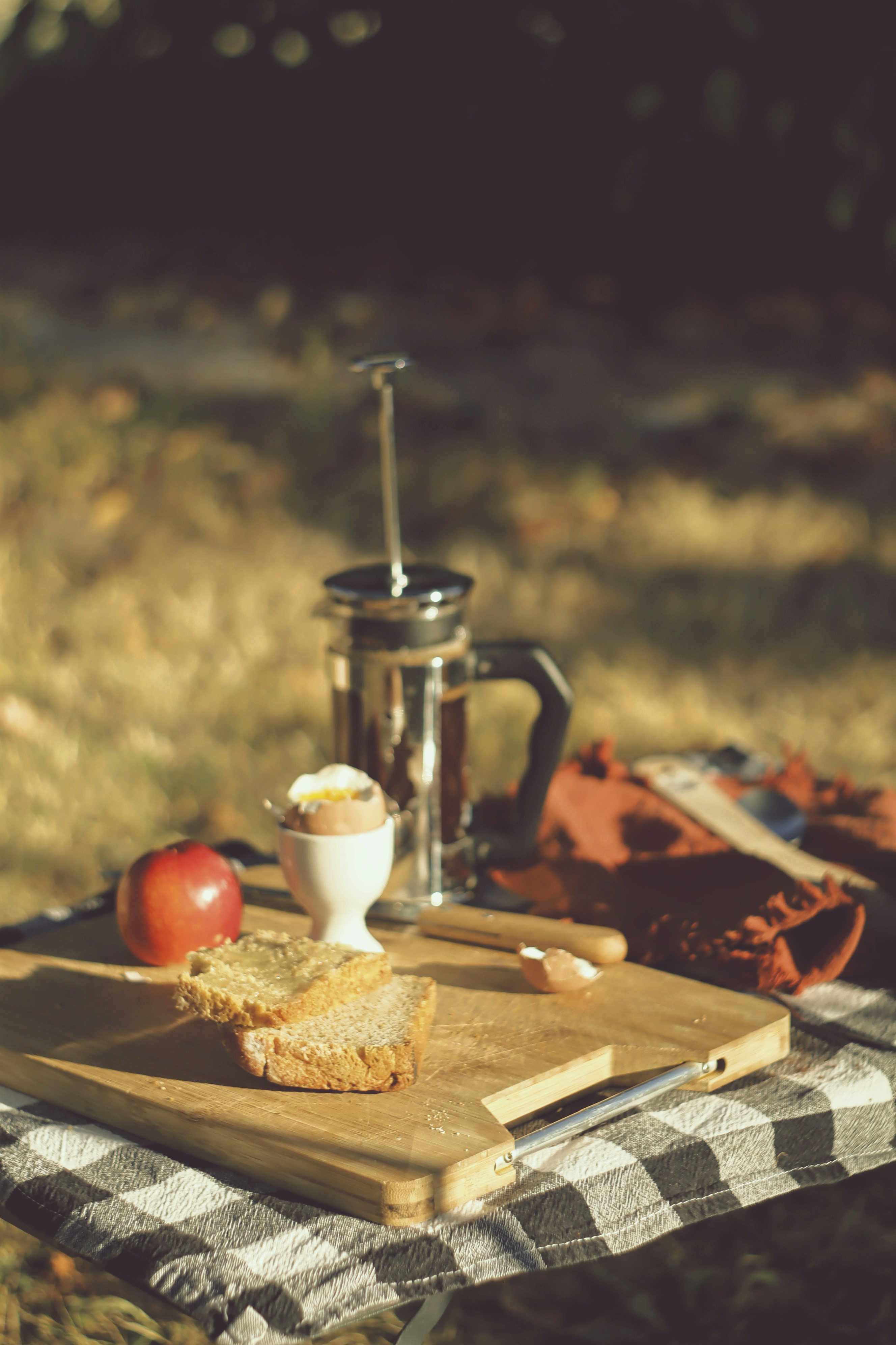 Sunlit Picnic: A Rustic Breakfast Scene on a Checkered Cloth