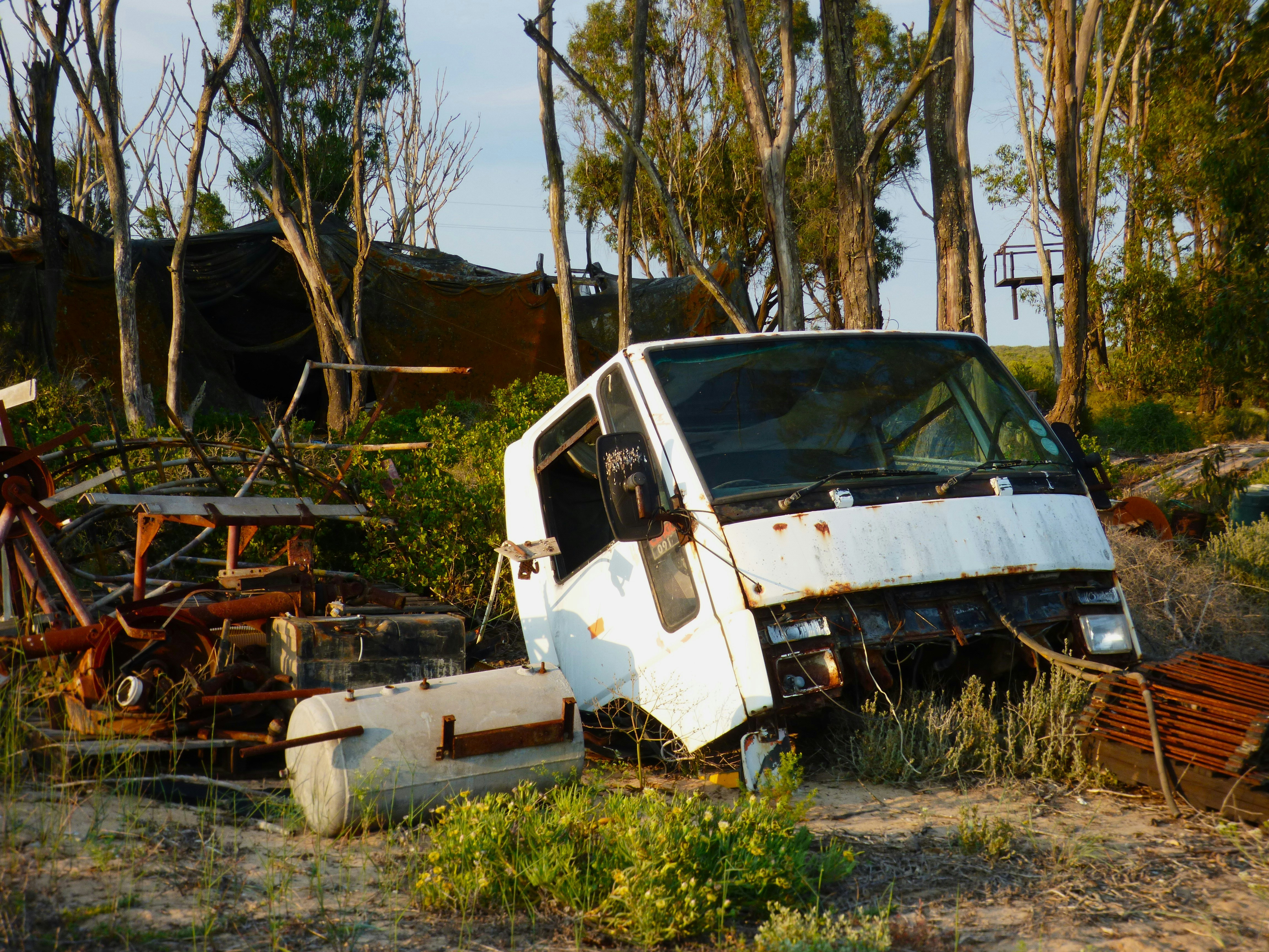 Abandoned White Bus Amid Rusted Scrapyard