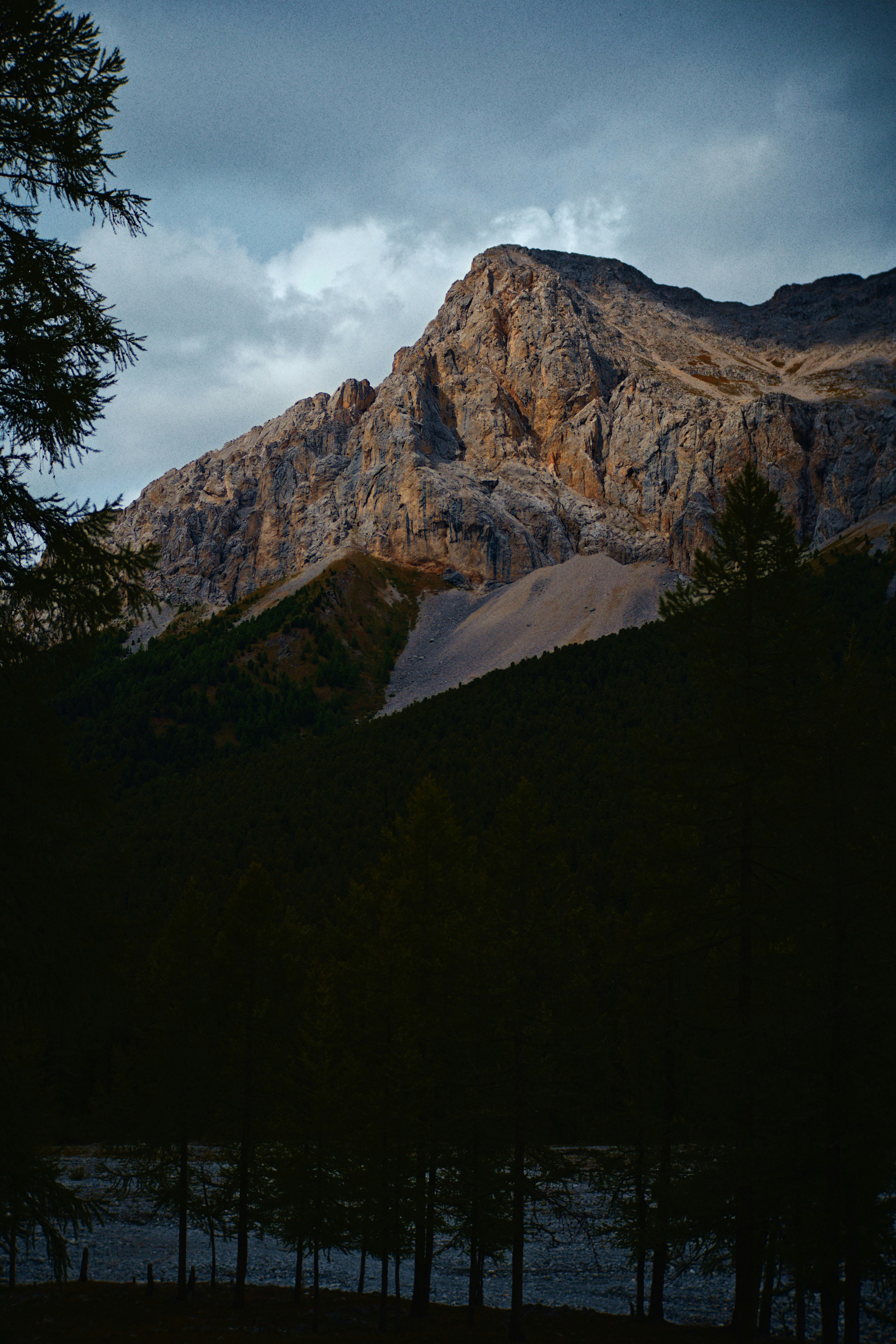 Rugged mountain peak bathed in warm light rises above a dark forest and a shimmering lake edge.