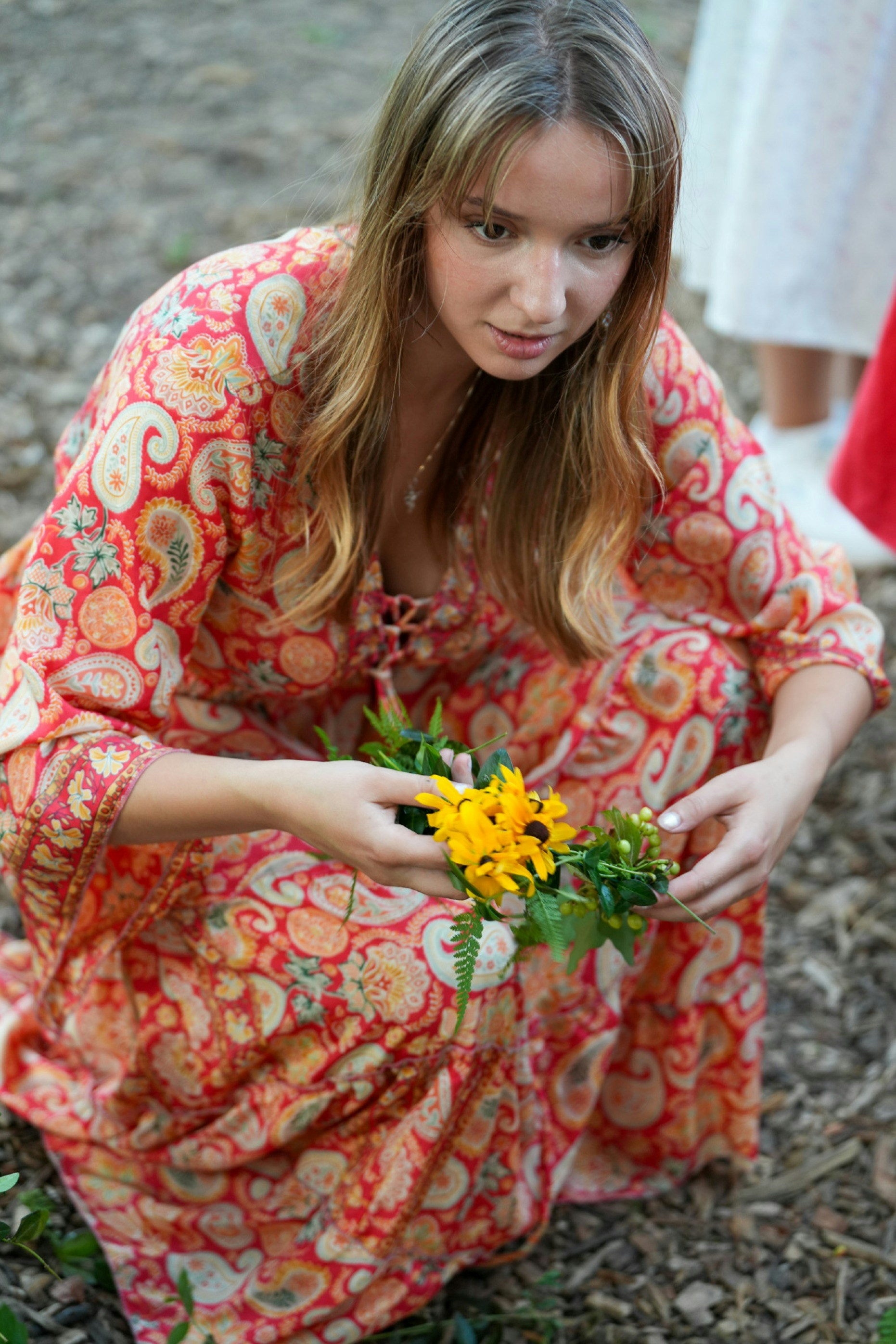 Sunlit Bouquet: A Quiet Moment in a Floral Dress