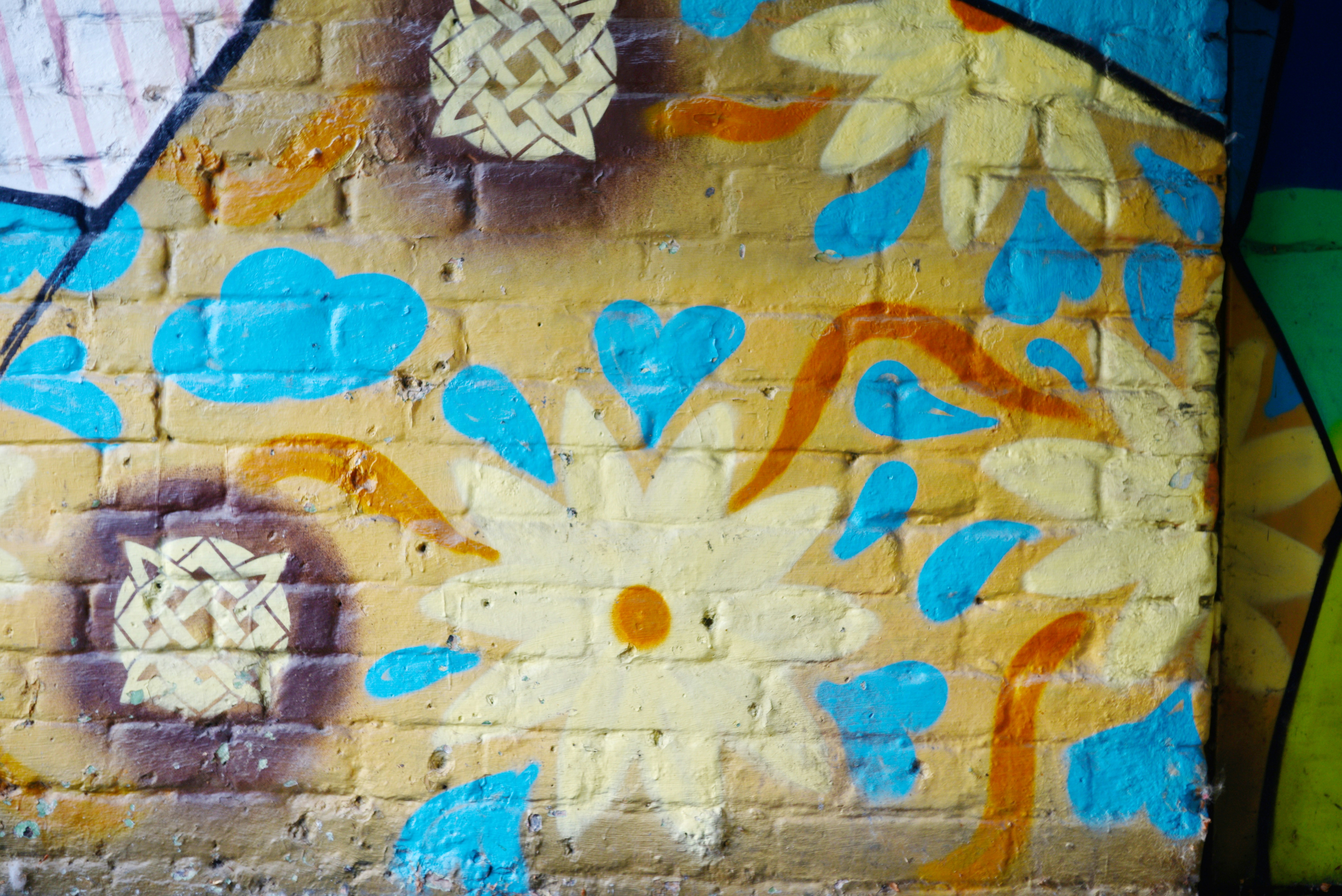 Sunlit Graffiti Garden: Floral Motifs Bloom Across a Brick Canvas