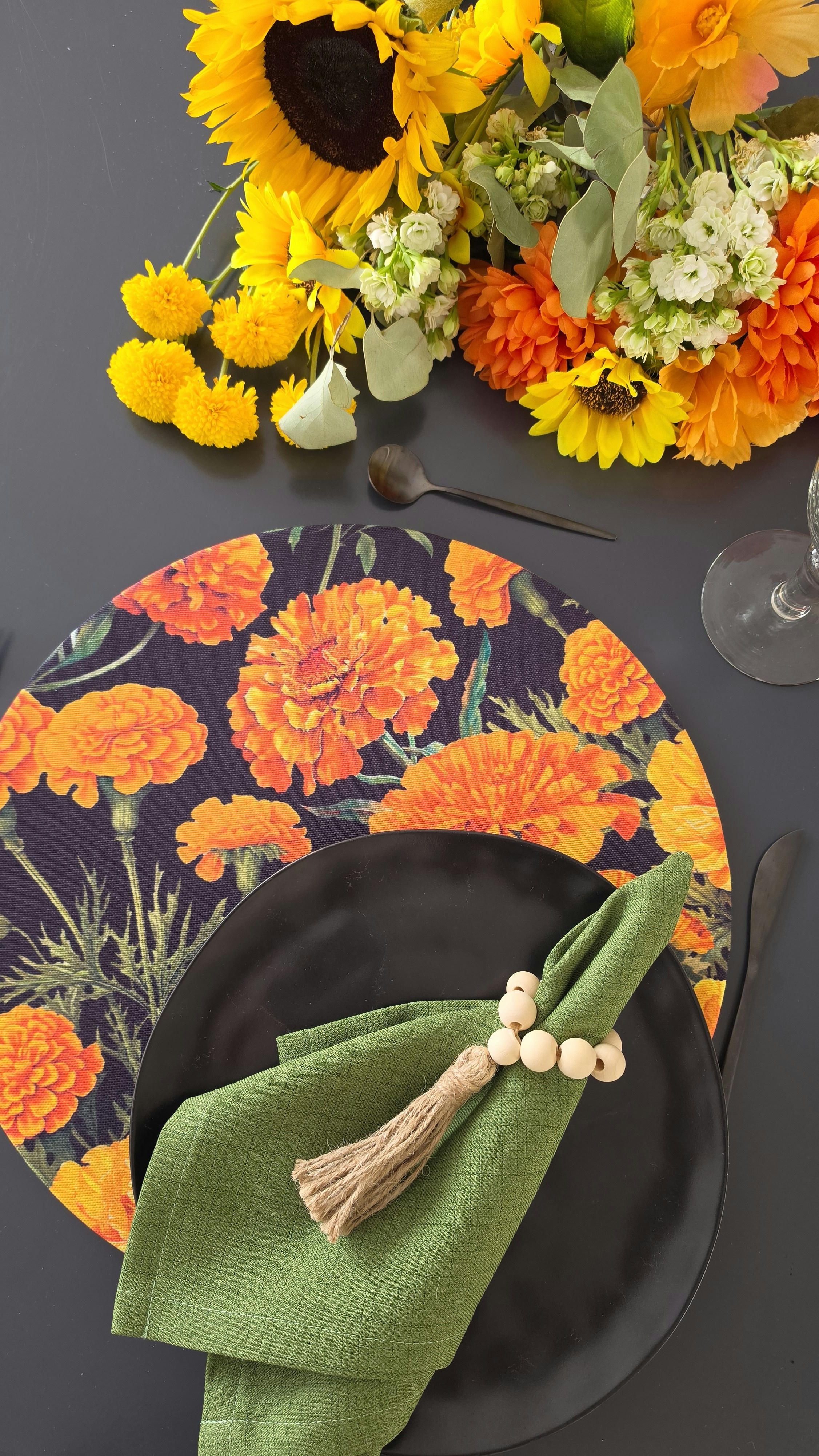 Sunflower Table Setting: Vibrant Floral Arrangement Framing a Textured Place Setting