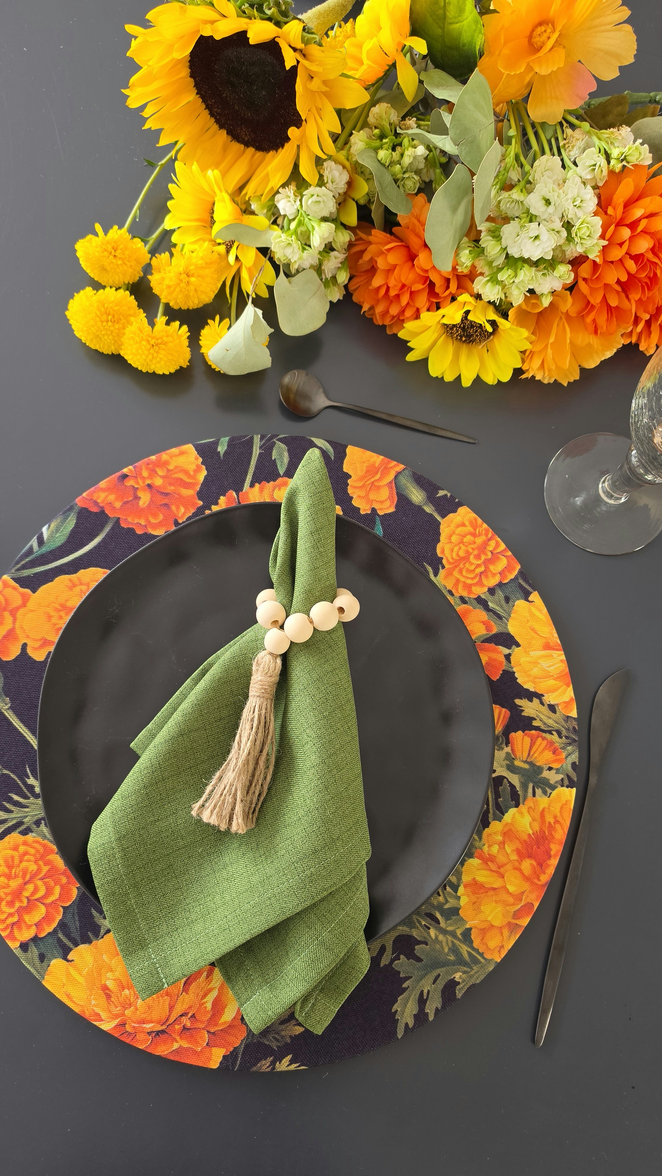 Sunflower Table for Two: Green Napkin Tie and Floral Accents