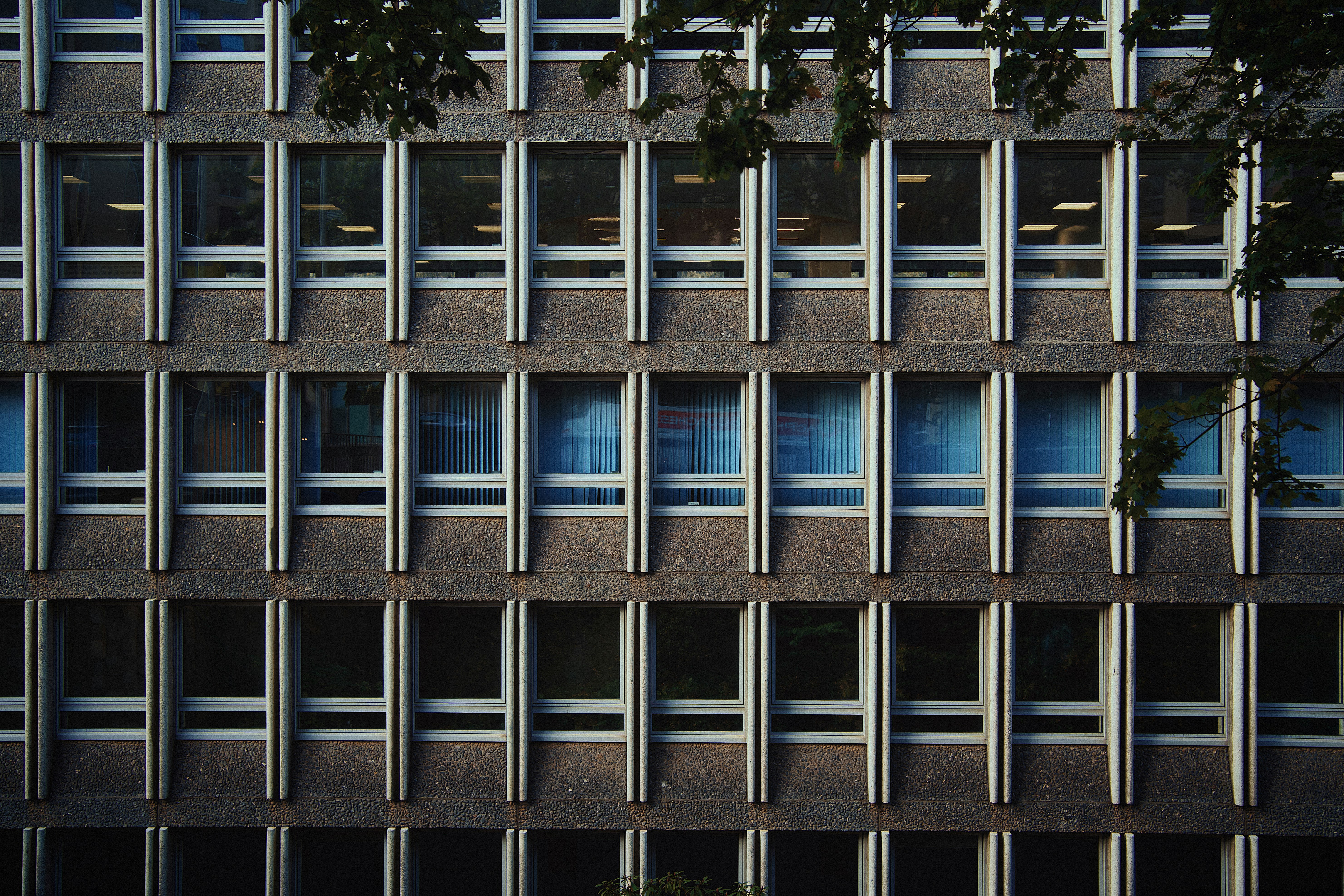 Symmetrical Concrete Facade: Repeating Spacers and Blue Glints