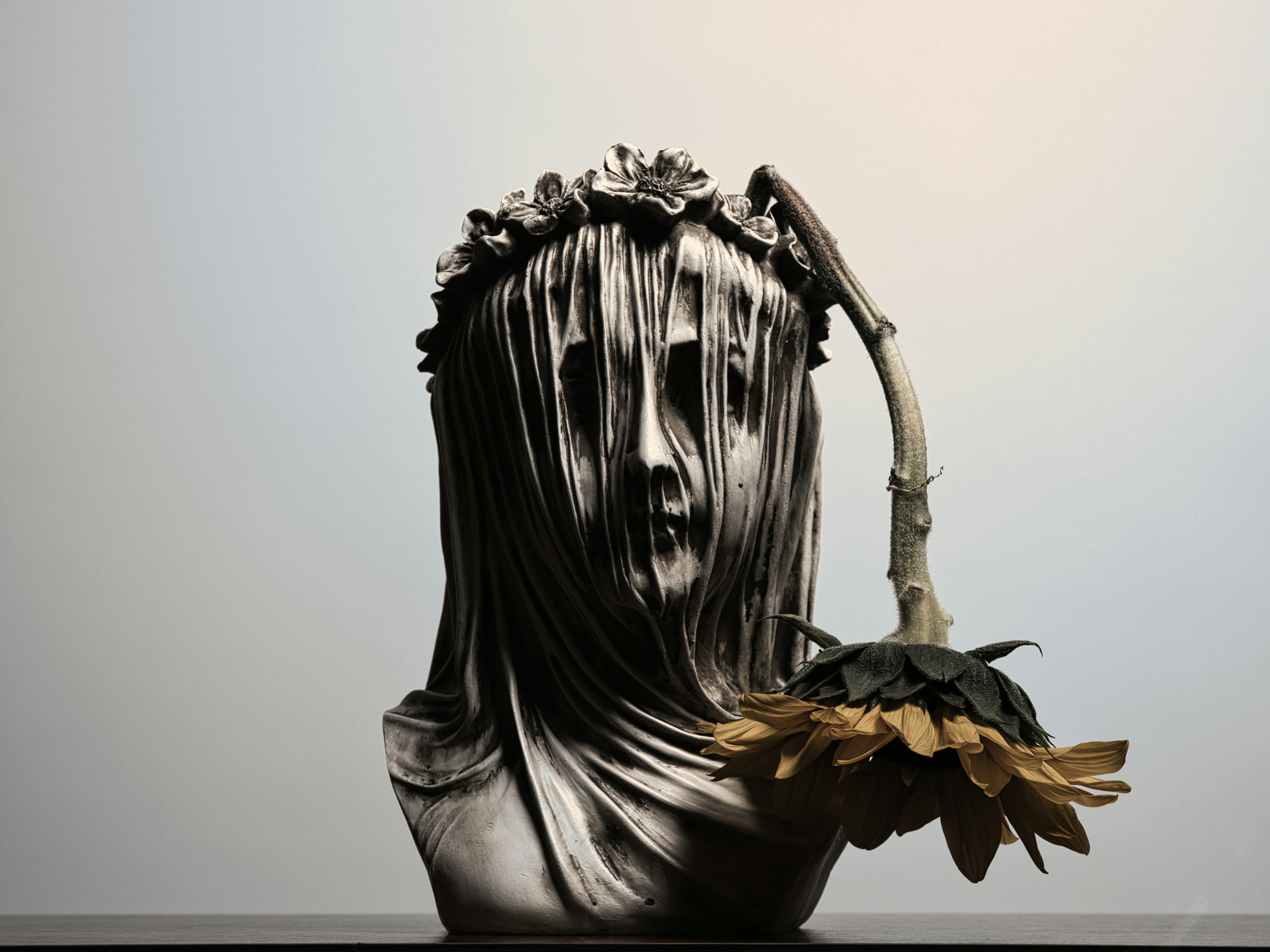 Veiled Echoes: A Silent Bust with a Wilted Flower