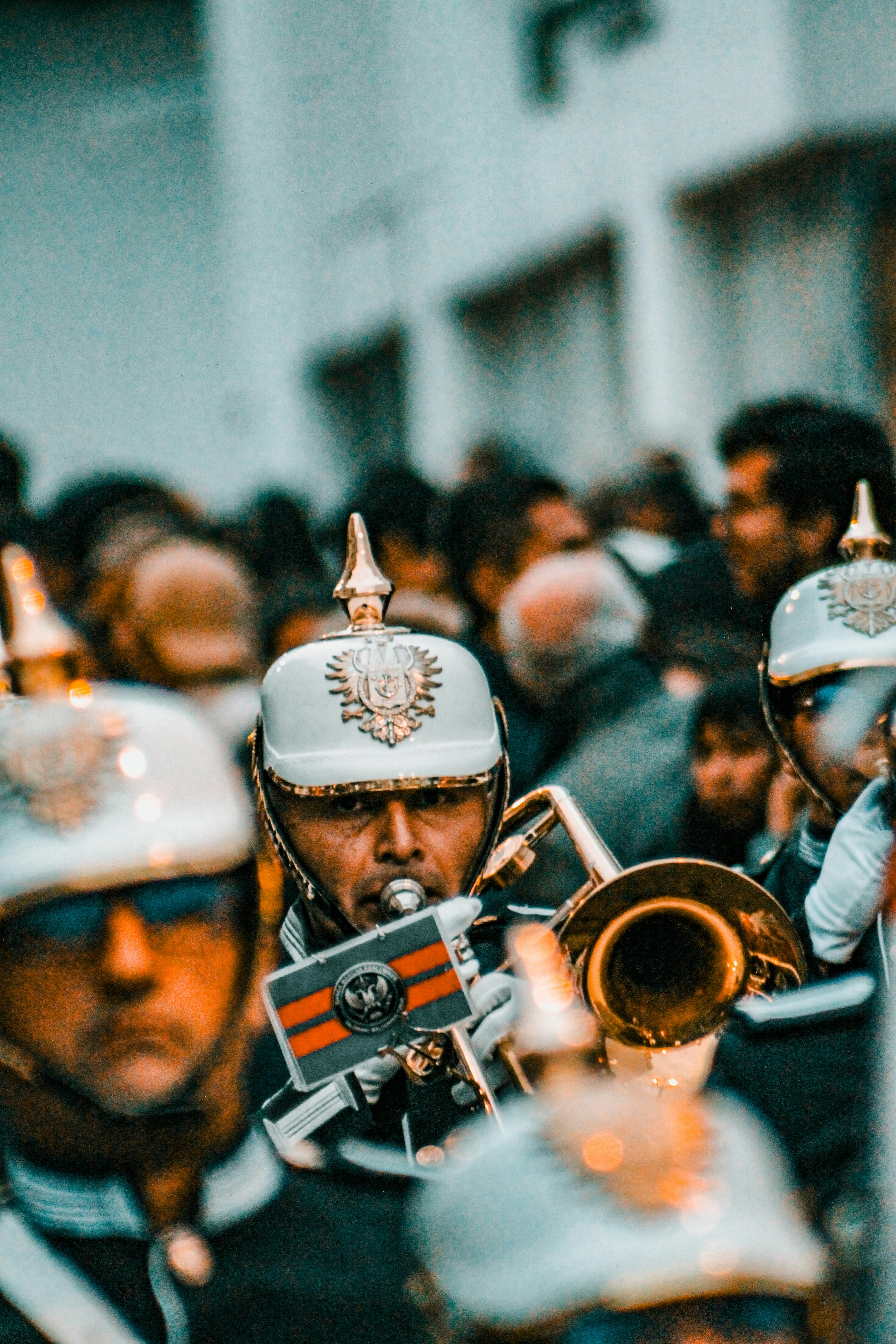 Marching Brass: Close-Up of a Shuttered Parade Band in Uniforms