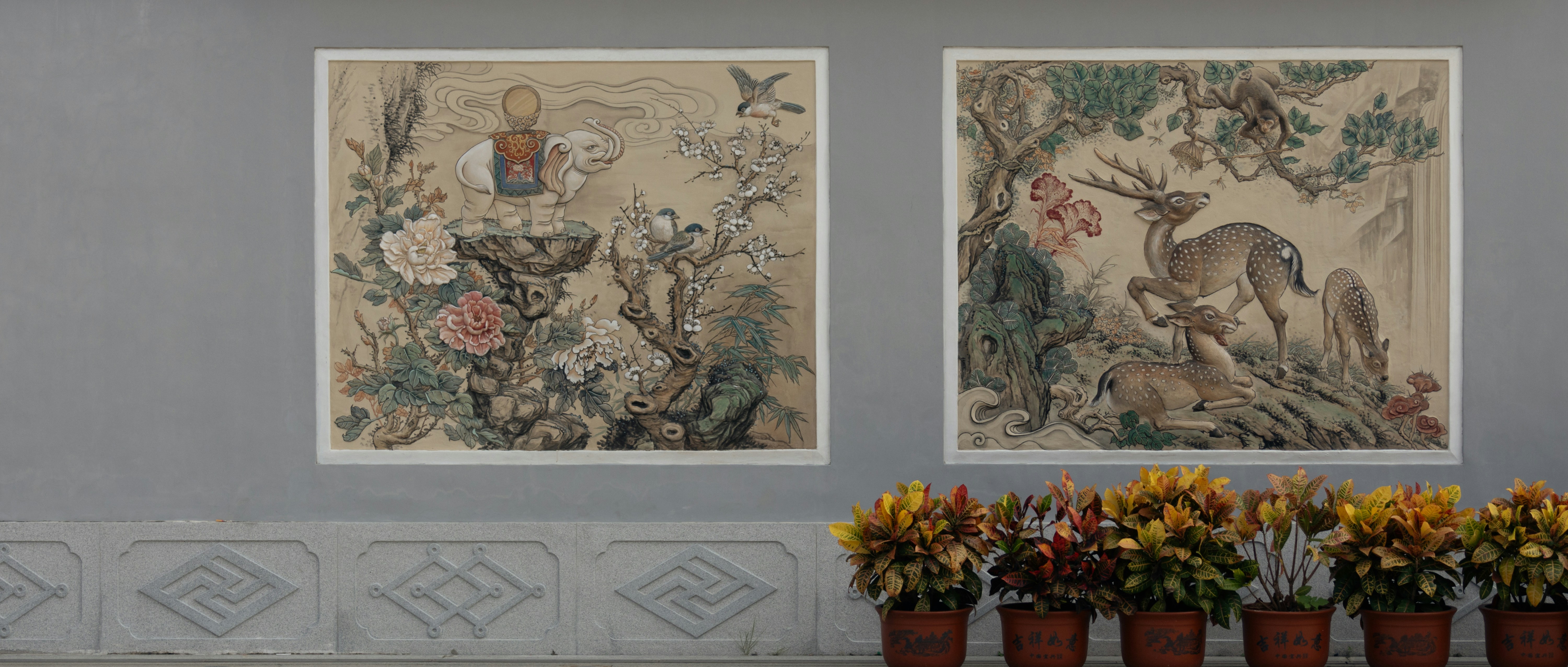 Framed Tapestry Panels: A Quiet Courtyard of Blossoms and Wildlife