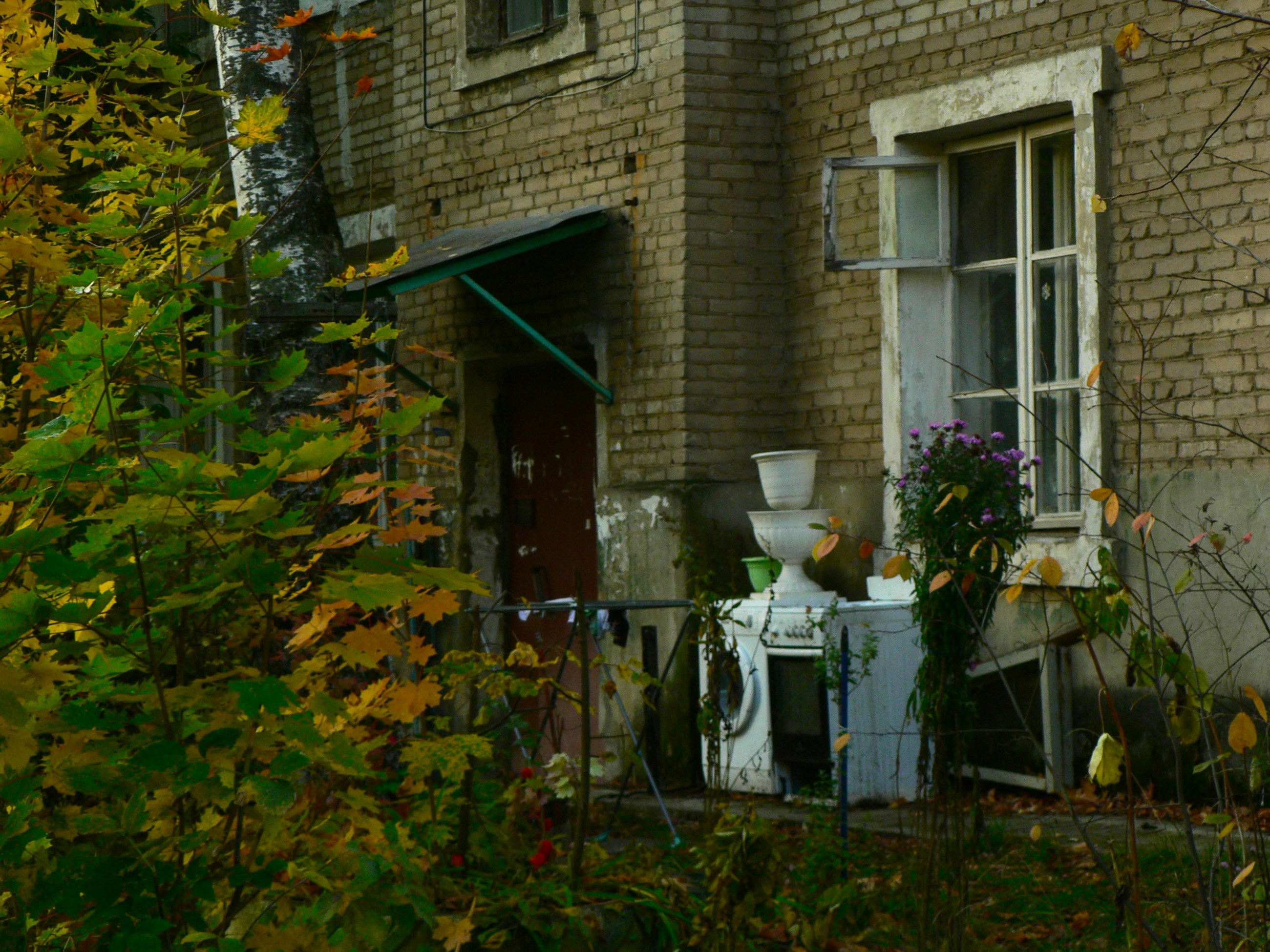A quiet, overgrown courtyard beside an old yellow brick building in autumn. To the left, a dark red door is sheltered by a small green canopy, while a window with a partially open white frame sits to the right. Two white washing machines stand outside against the wall, topped with white planters and a pot of purple flowers. A birch tree and dense foliage with yellow and green leaves frame the left side, with fallen leaves scattered across the ground, giving the scene a lived-in, slightly melancholic atmosphere.