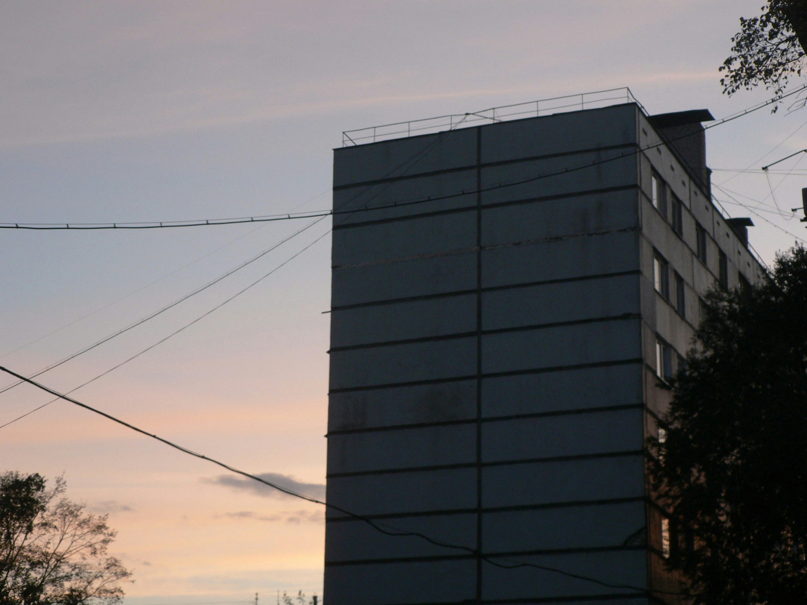 A stark, rectangular building stands in dark silhouette against a soft, pastel evening sky. The facade is mostly unlit, with faint horizontal lines marking its panels and a metal railing visible along the flat roof. Thin power lines cut diagonally across the sky in the foreground, while the dark shapes of trees frame the bottom left and right edges. A few small windows glow faintly on the right side, adding a subtle hint of life to the otherwise quiet, twilight urban scene.