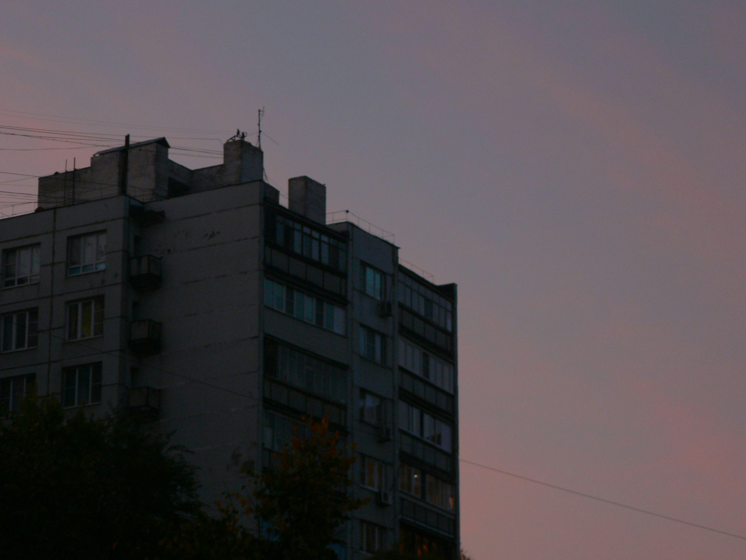 A dark, multi-story apartment building stands in silhouette against a moody, dusky sky that fades from soft purple to pale grey. The structure is a typical panel or concrete block building, with a flat roof topped by brick chimney stacks, a TV antenna, and metal railings. Its facade features a repetitive grid of windows, some with enclosed balconies and a few faint lights glowing inside. Dark tree foliage covers the lower left corner, while thin power lines stretch across the upper left, adding to the quiet, melancholic urban atmosphere.