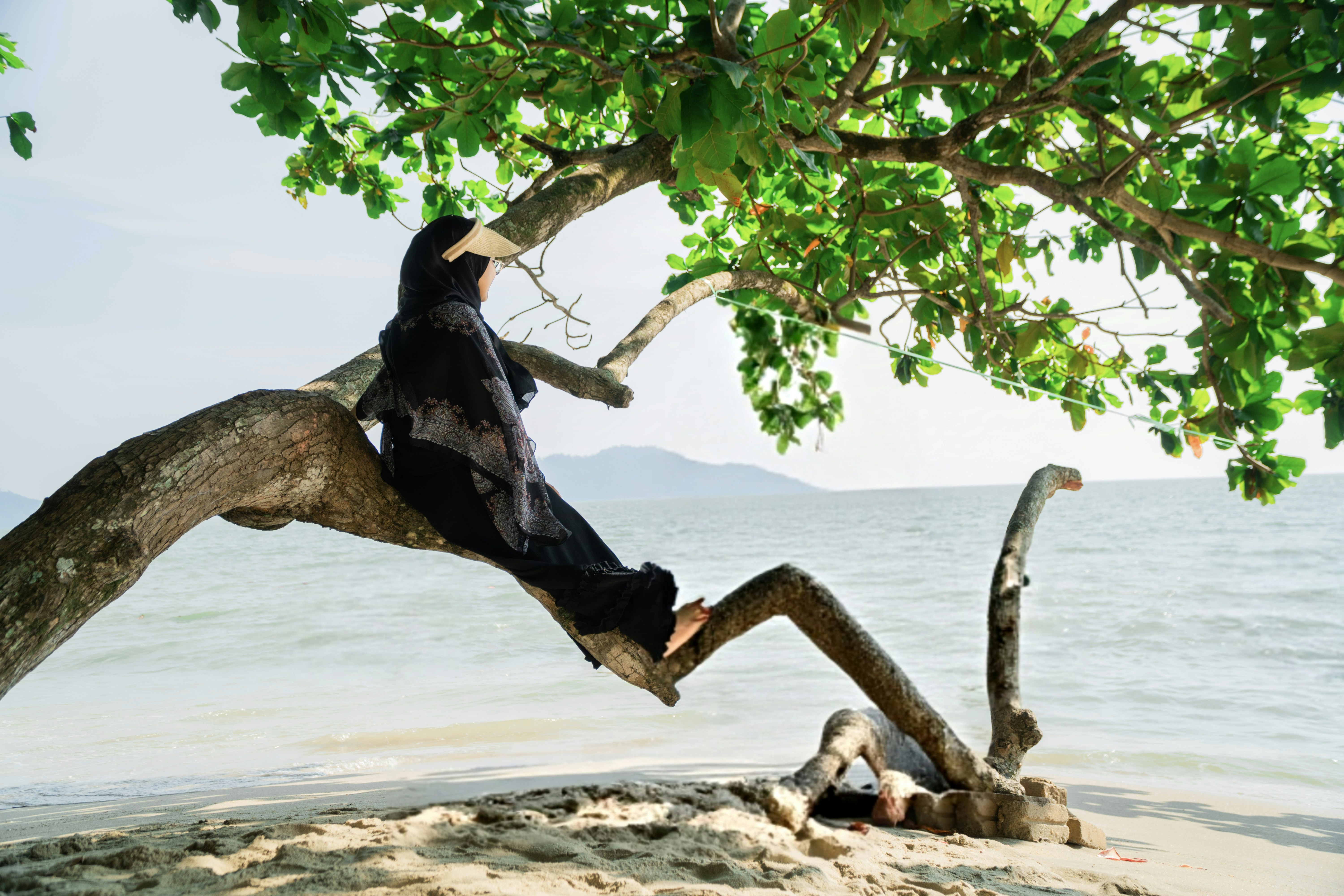 Woman in black dress perched on a windswept tree by a tropical shoreline