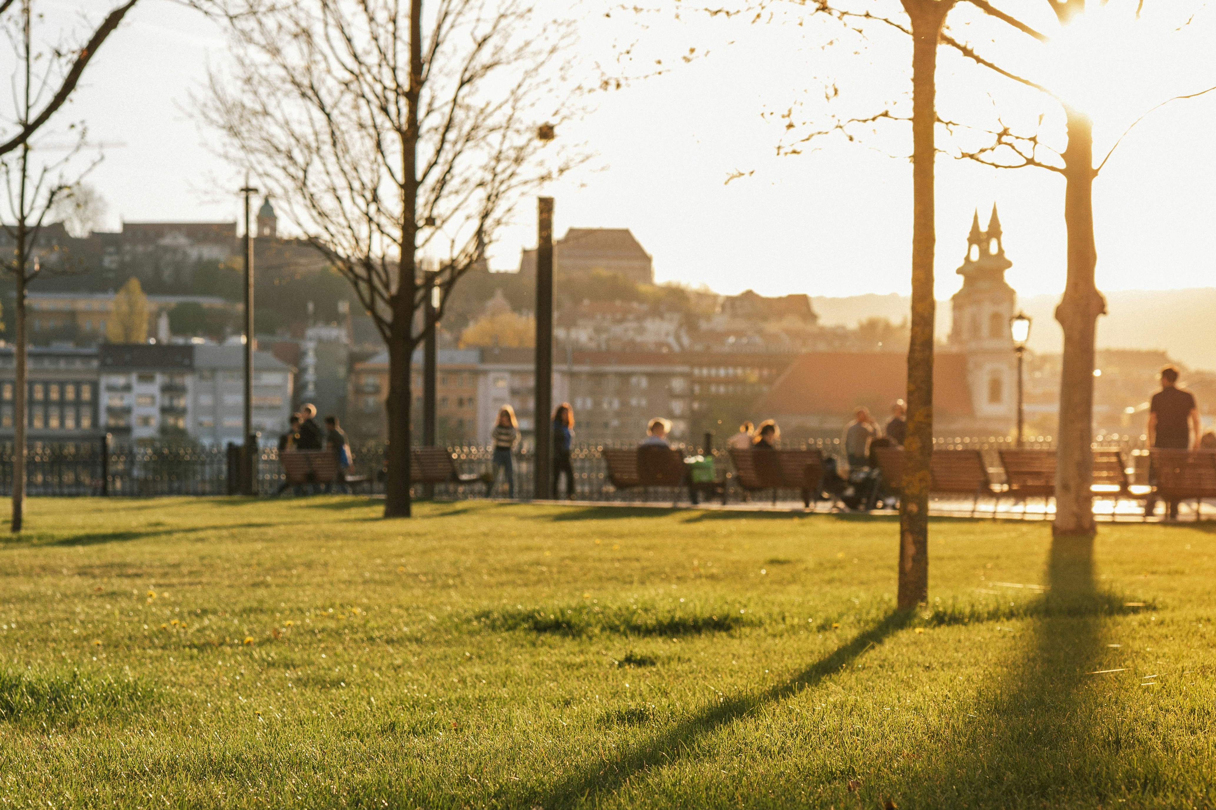 Golden Hour in the Riverside Park: People, Light, and Long Shadows