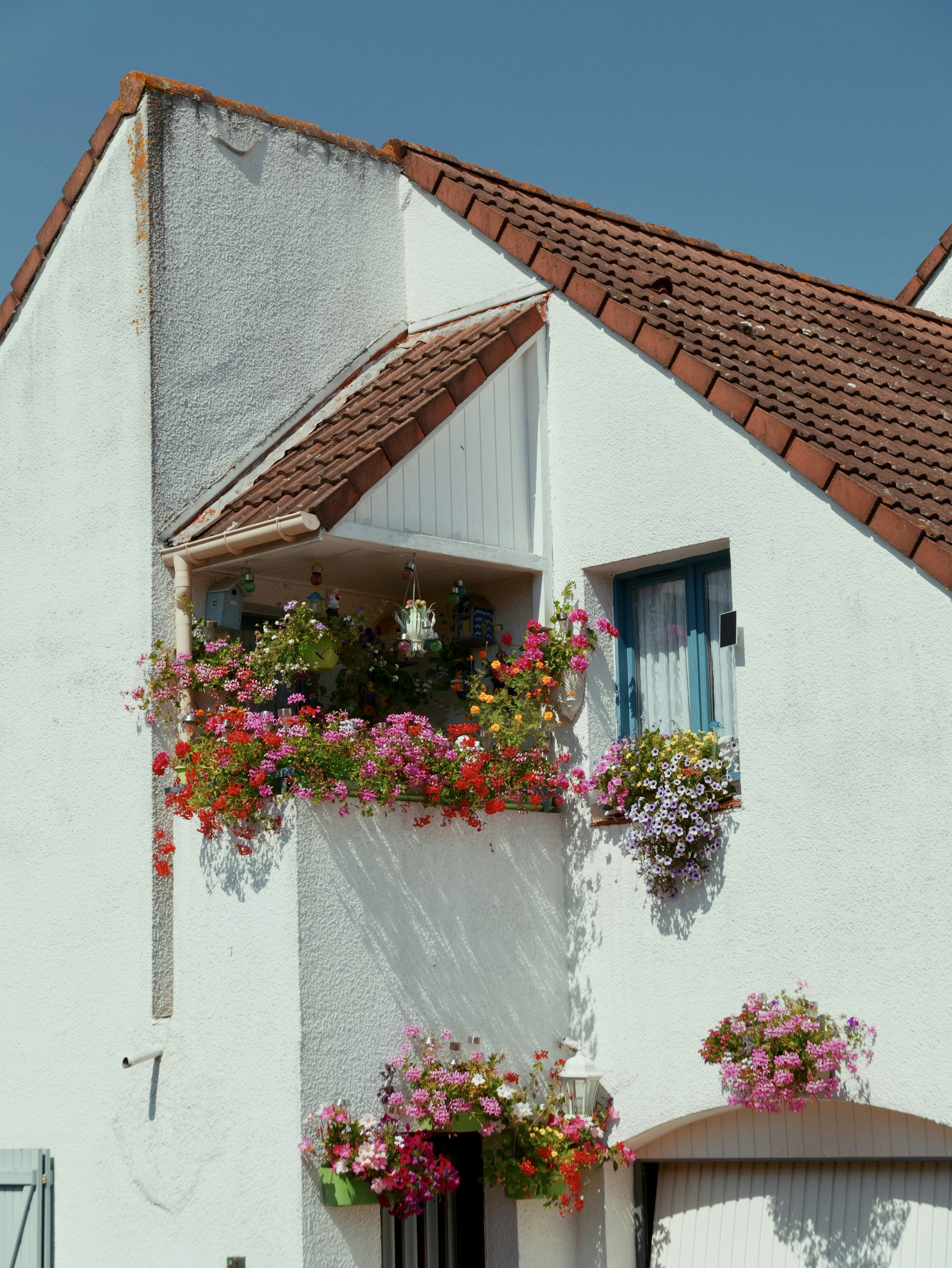 Flowers overflowing from a balcony in the summer. Northern France, Arques.