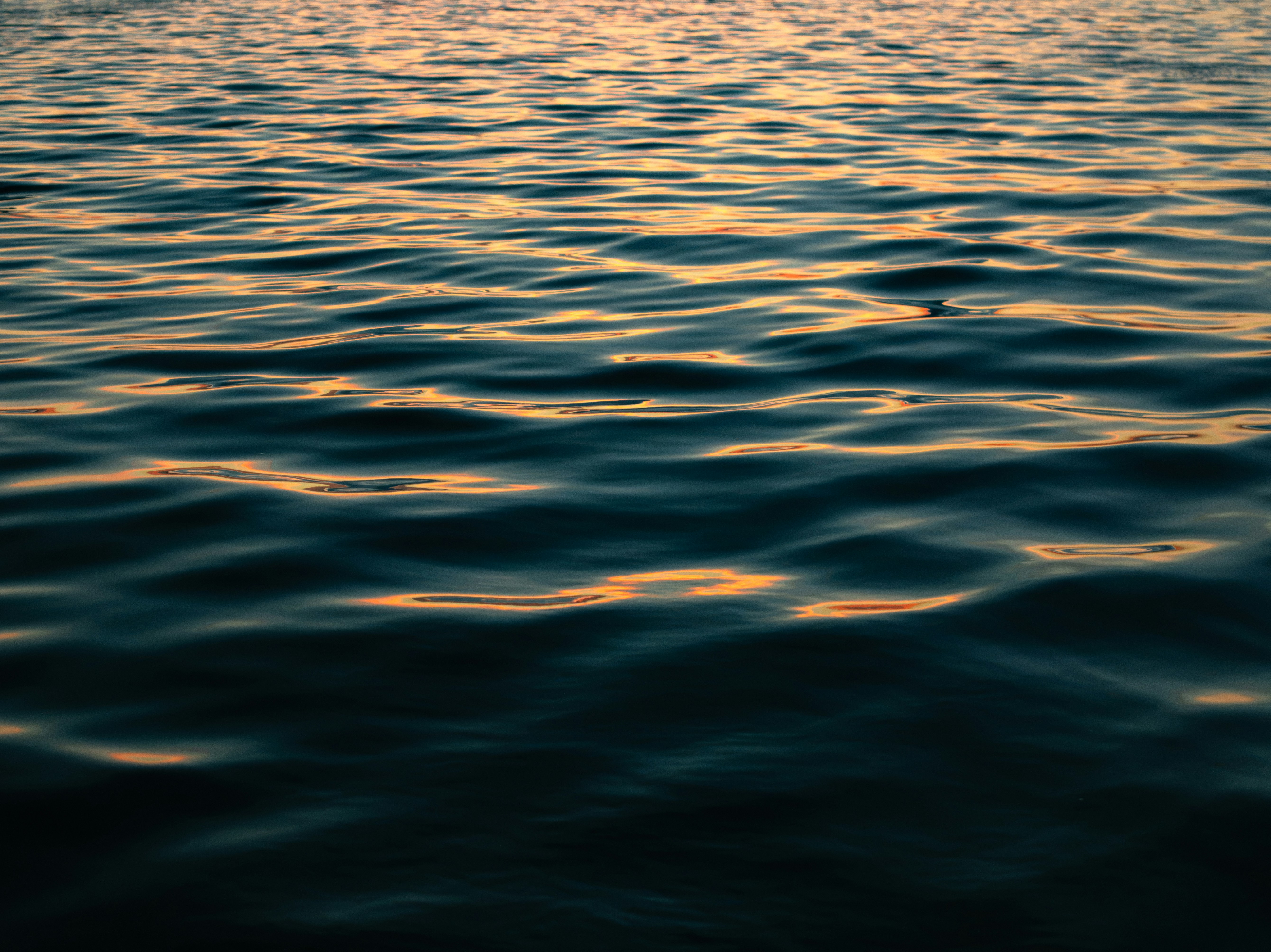 Sunlit ripples across a calm sea with warm highlights against cooler water tones, capturing tranquil evening light.