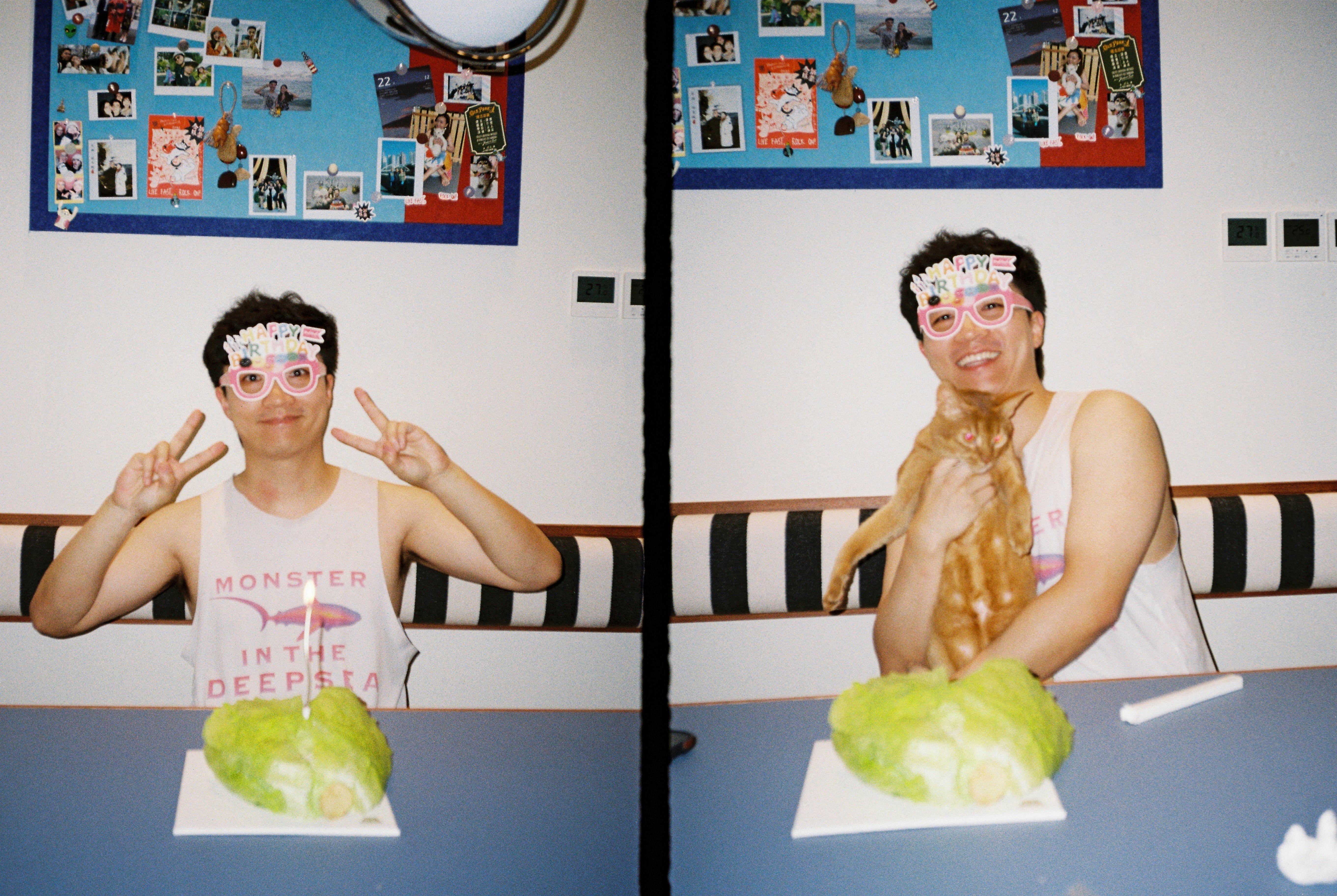 Playful dupla: birthday cake, cat-eared masks, and lime-green dessert glow