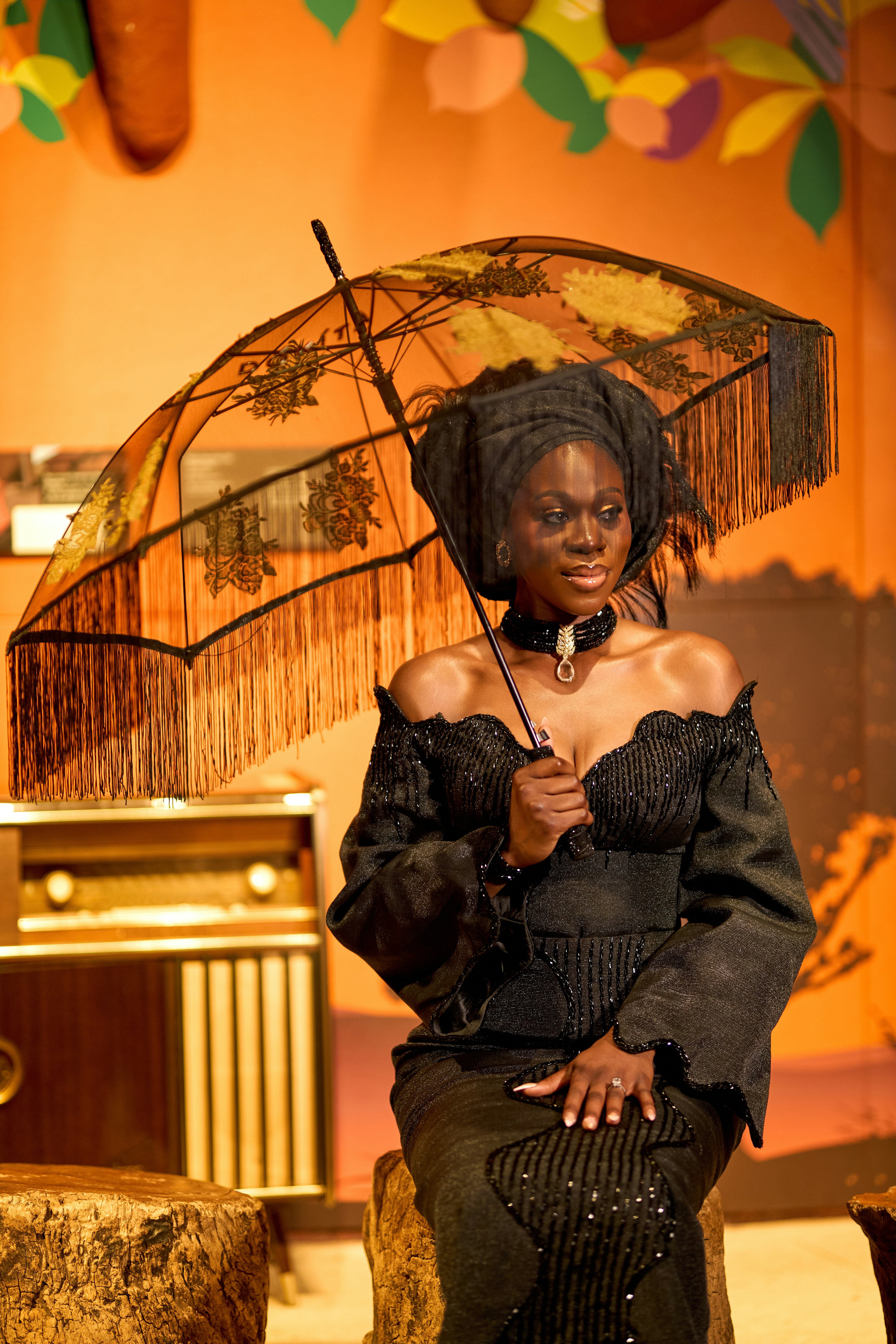 Umbrella of Elegance: Poised in the Warm Glow