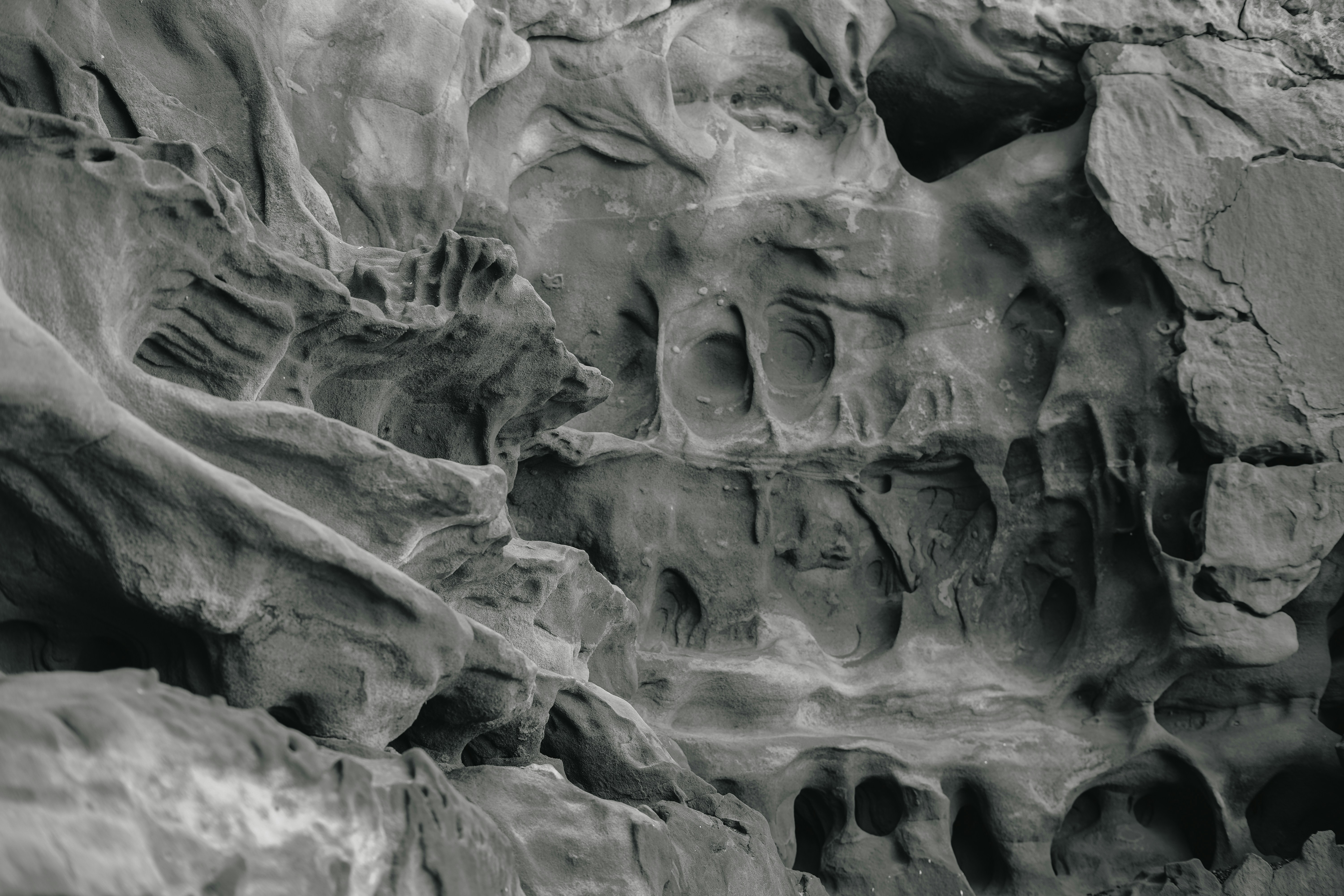Grey rock surface with intricate, eroded textures and hollows; abstract geological pattern with soft lighting and mid-contrast tonal range.