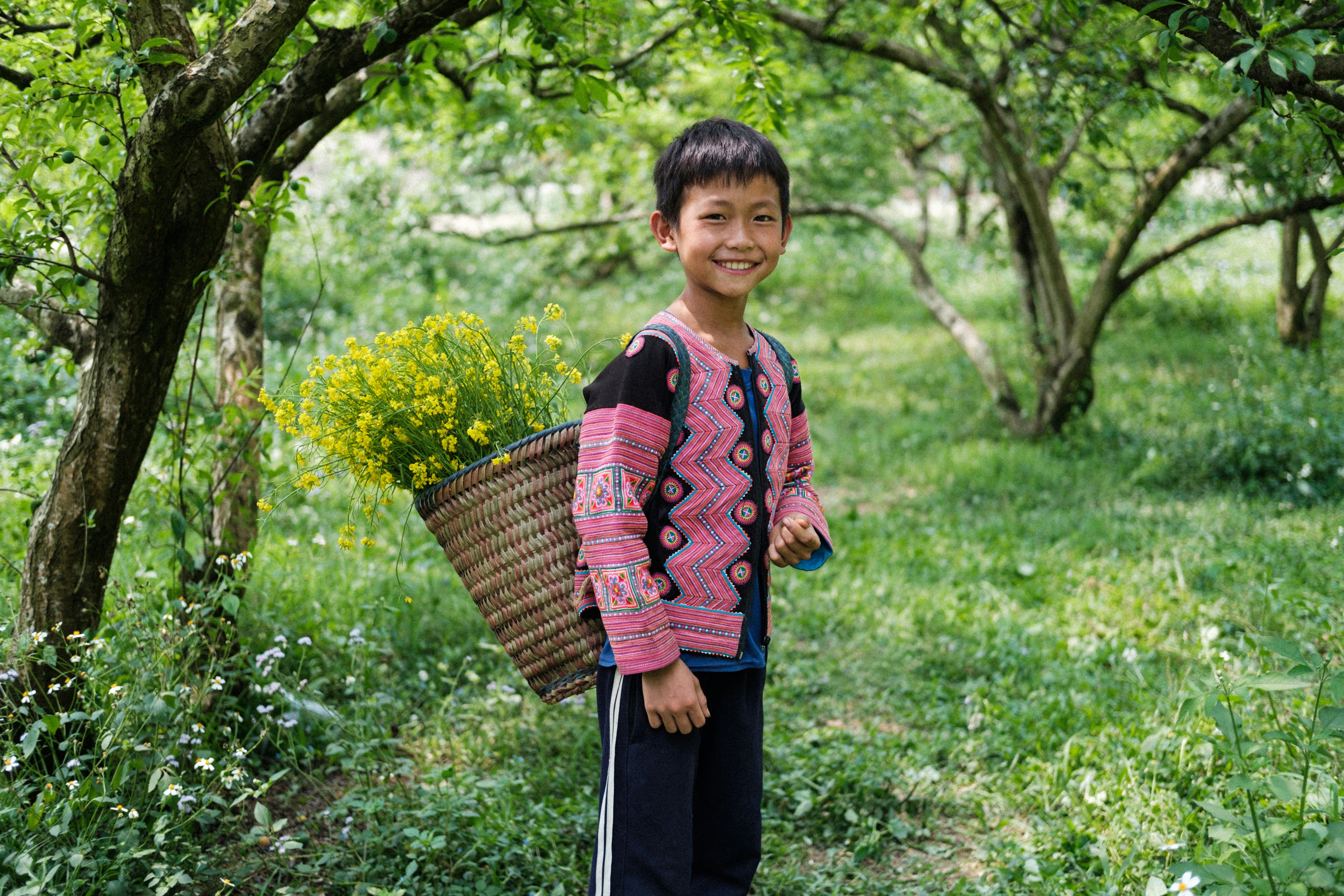 Basket of Yellow Blooms: A Smiling Moment in the Orchard