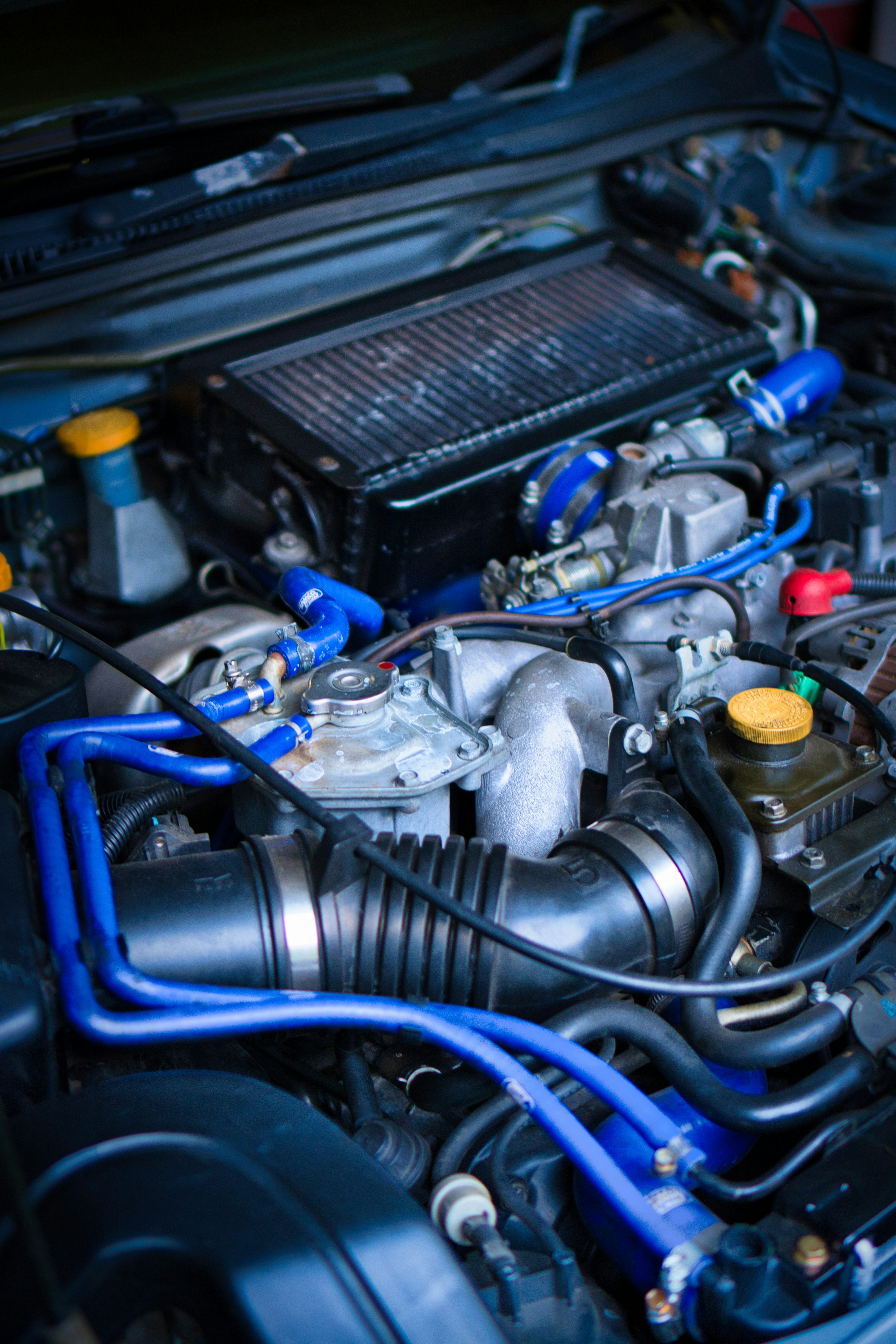 Blue Hoses and Aluminum Heart: A Close-Up of the Car Engine