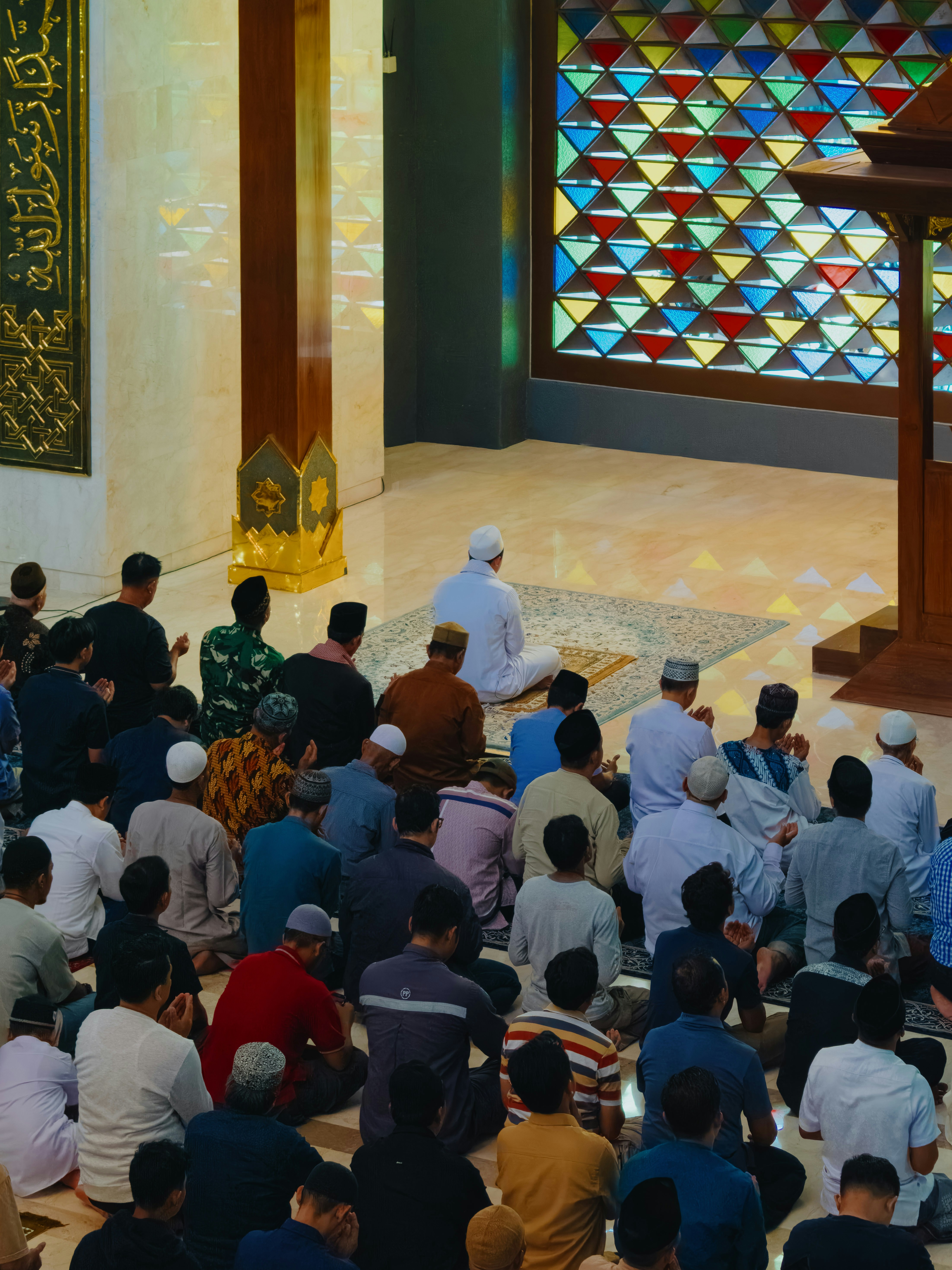 Faithful Gathering in a Sunlit Prayer Hall