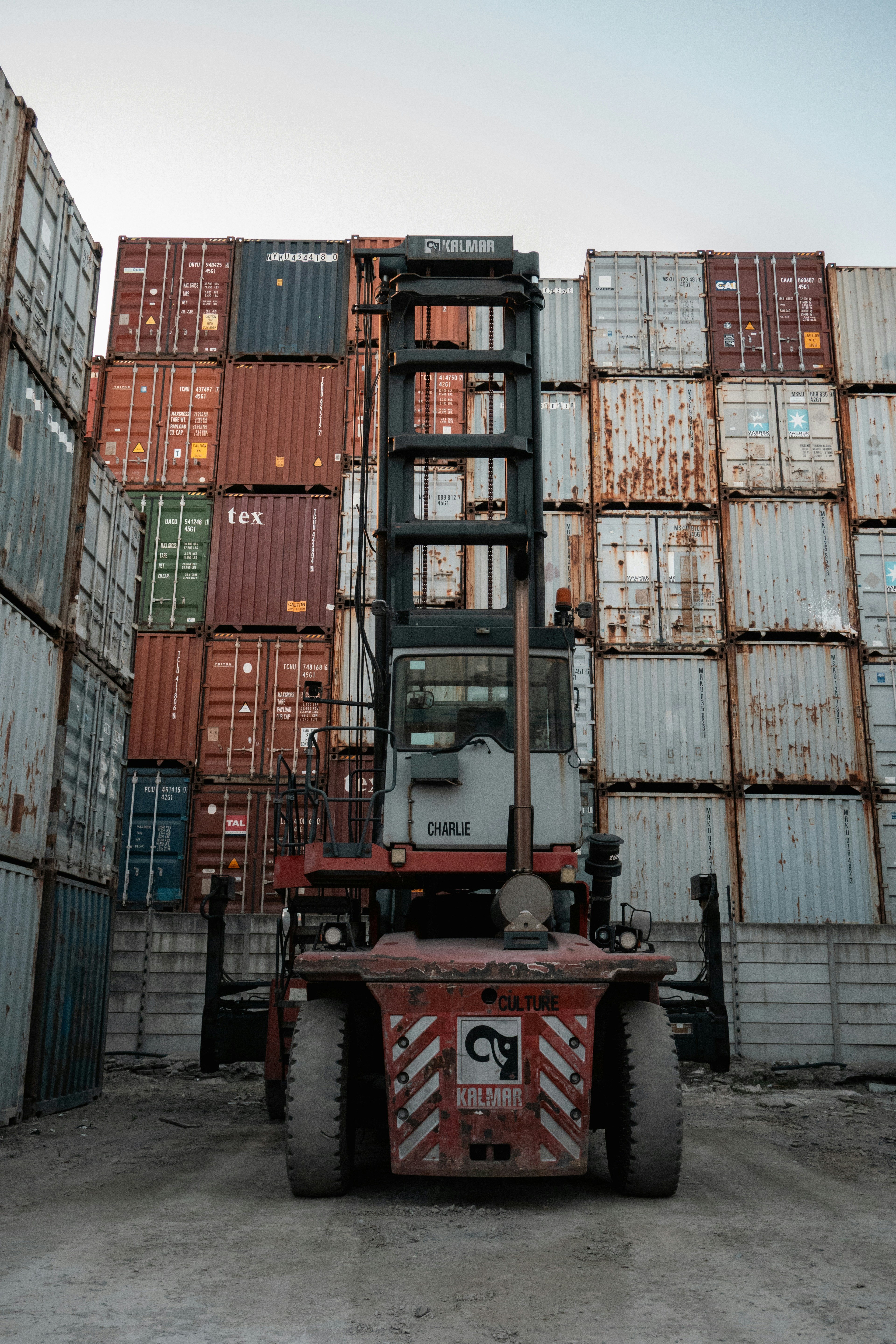 Towering Reach: A Reach Stacker Faces the Wall of Containers
