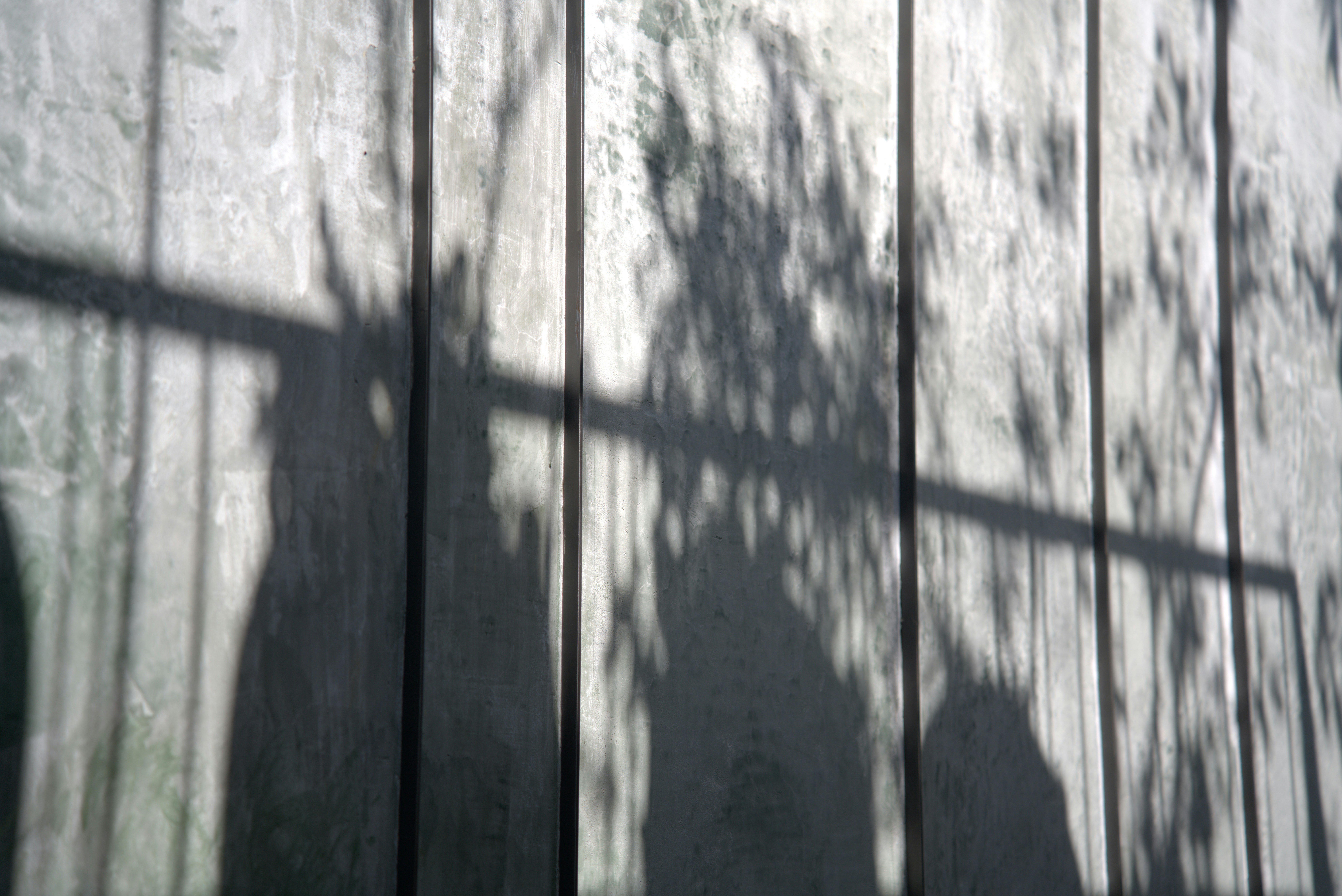 Shadow silhouettes cast on weathered wooden planks, with a railing creating diagonal lines across the frame. This scene emphasizes texture and contrast from ambient light.