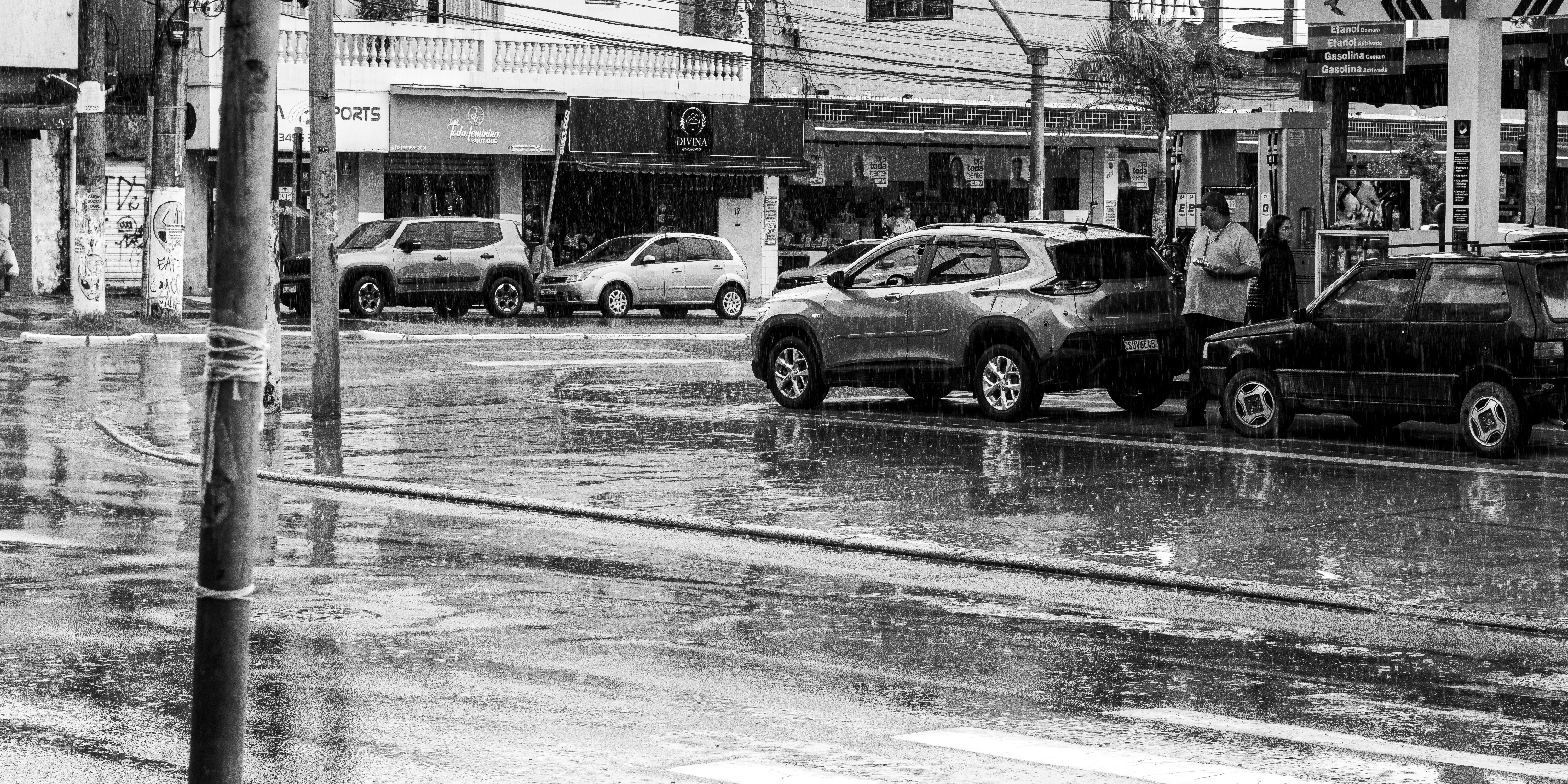 Rain-slicked Street Pulse: Cars, Pedestrians, and Neon in Monochrome