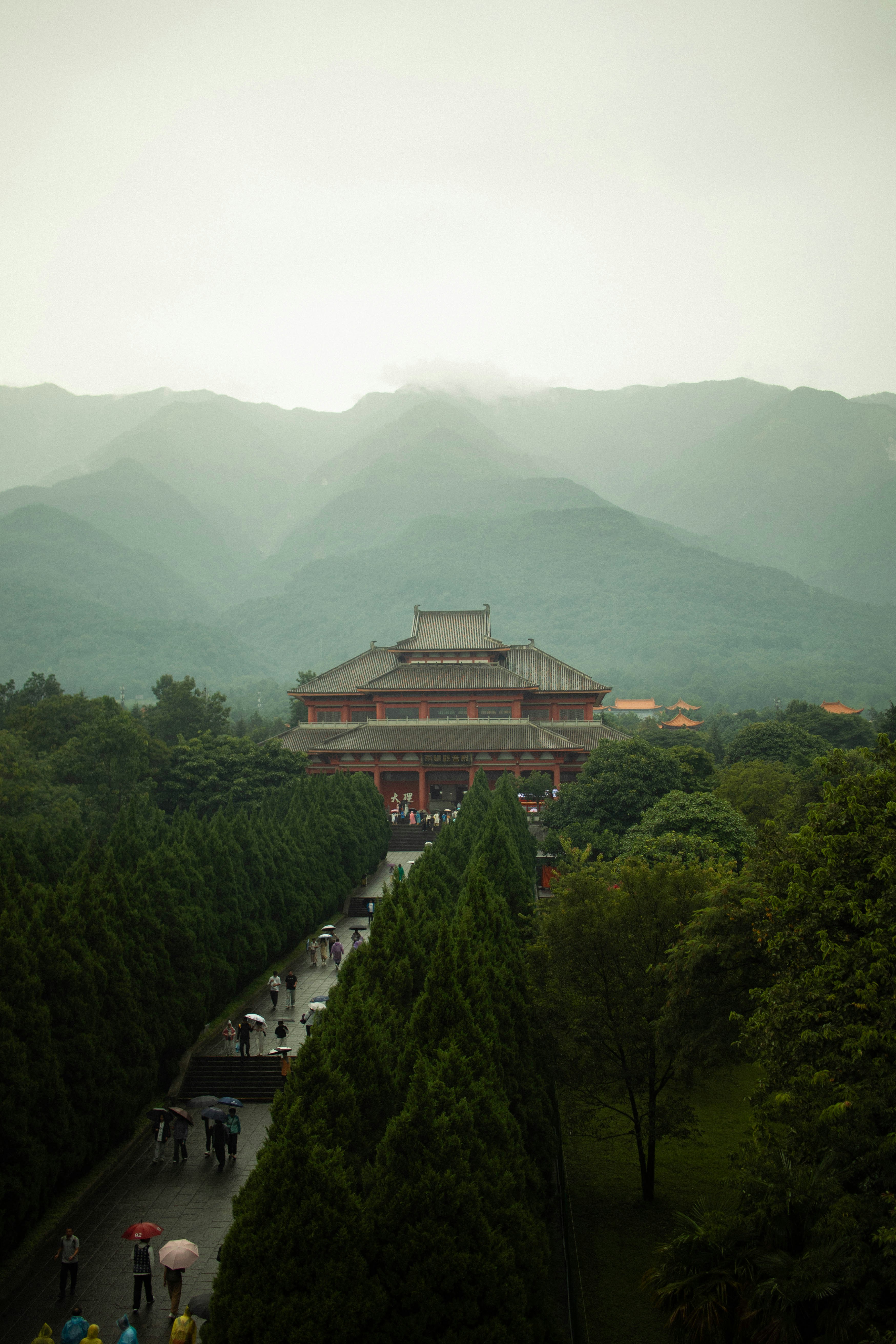 Temple Gate Framed by Misty Peaks