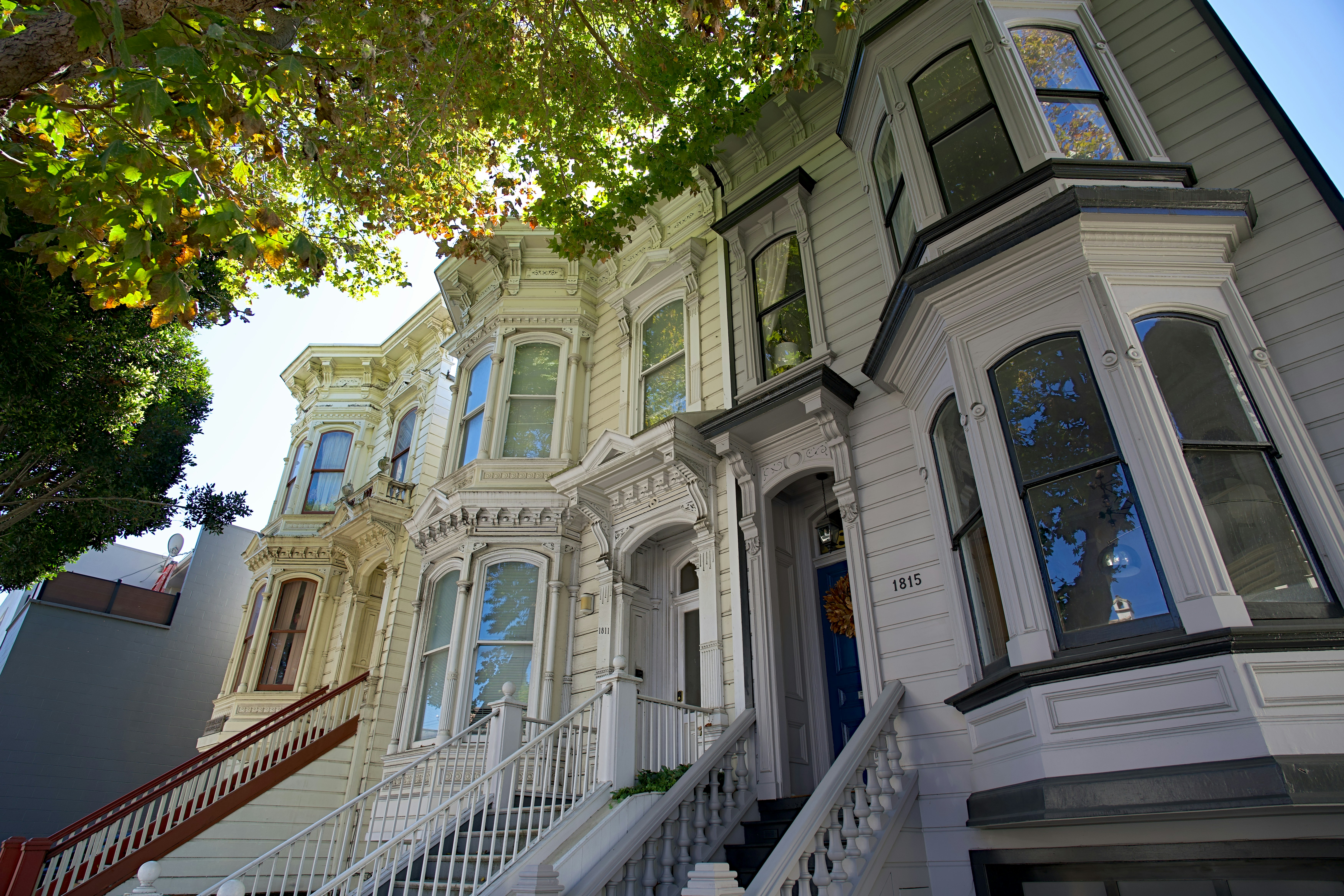 Row of San Francisco–style Victorian townhouses with decorative bay windows and white facades, captured from a low angle with leafy branches overhead.