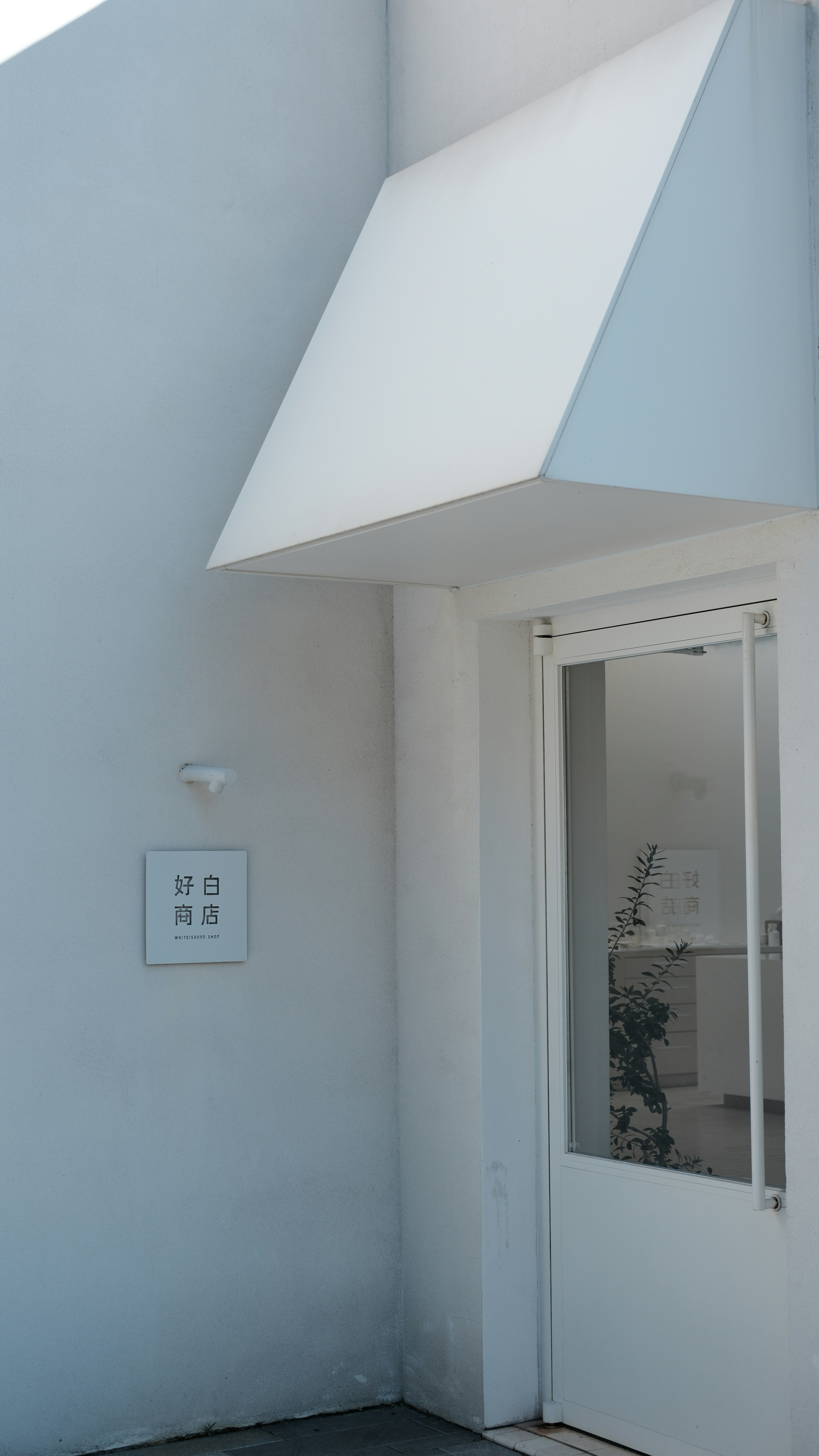 Minimalist facade with angular canopy and glass door