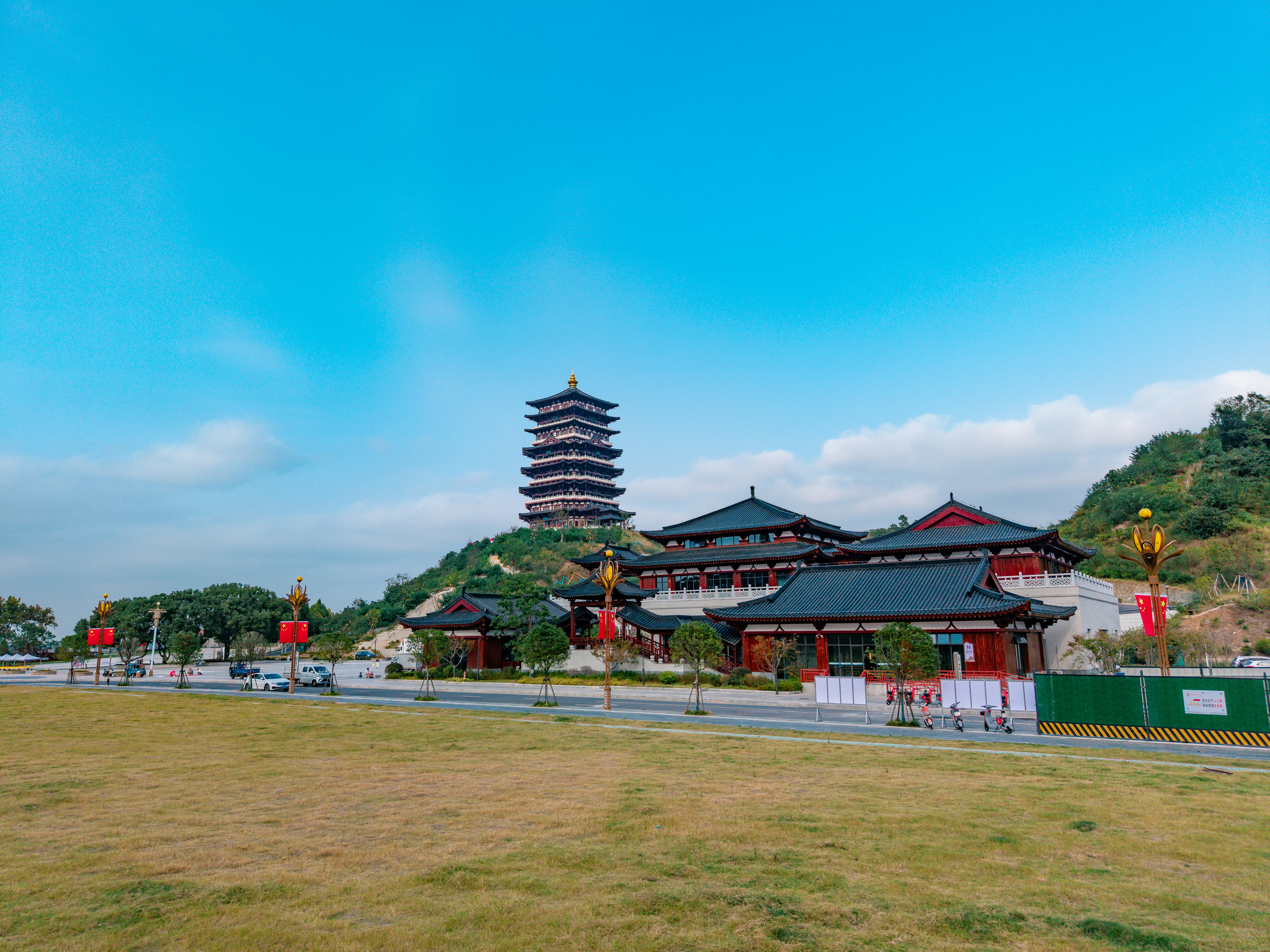 Tiered Pagoda and Traditional Pavilion at the Edge of a Quiet Park