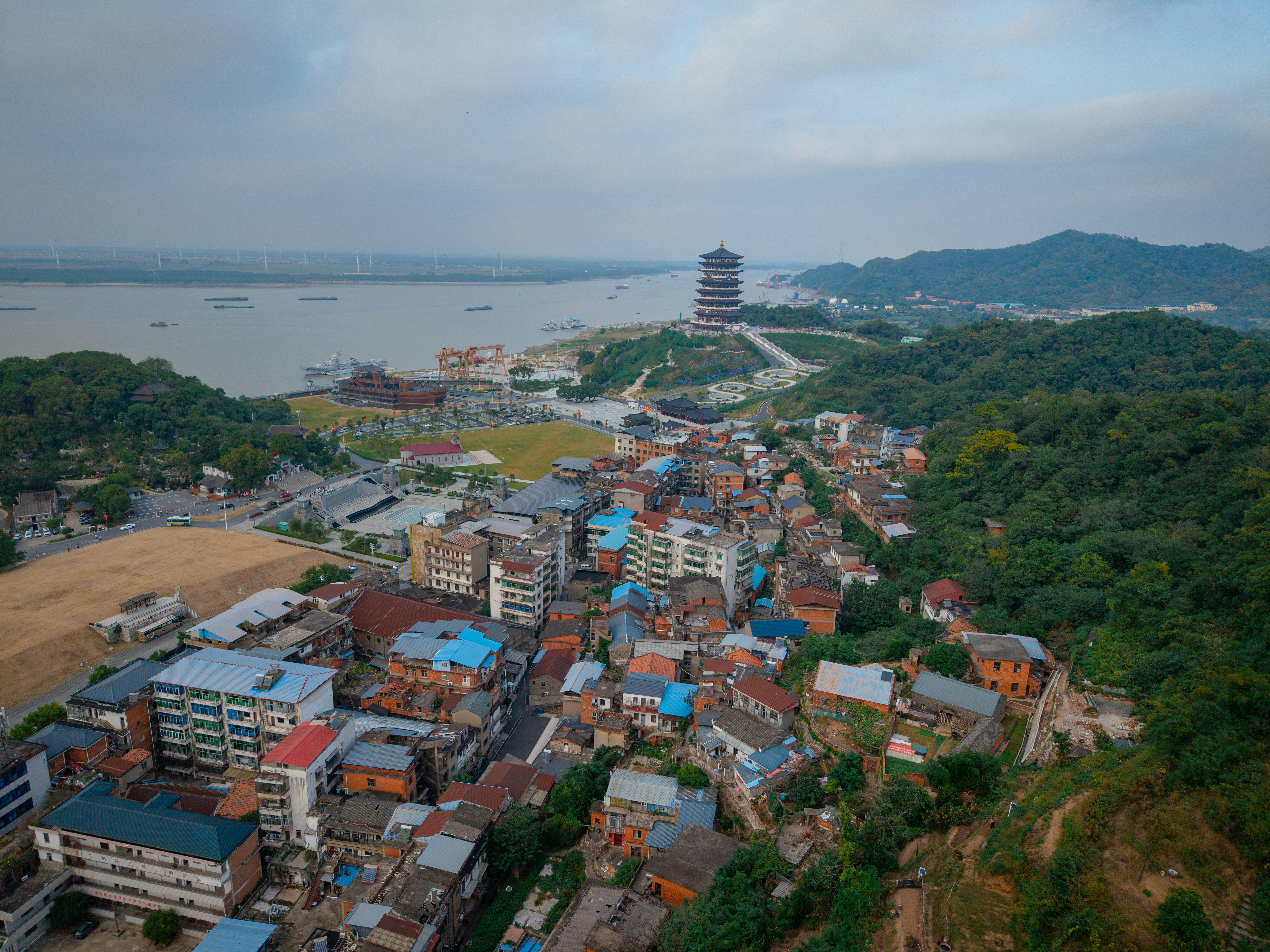 A Coastal Town Unfolding Toward a Stacked Pagoda by the Bay